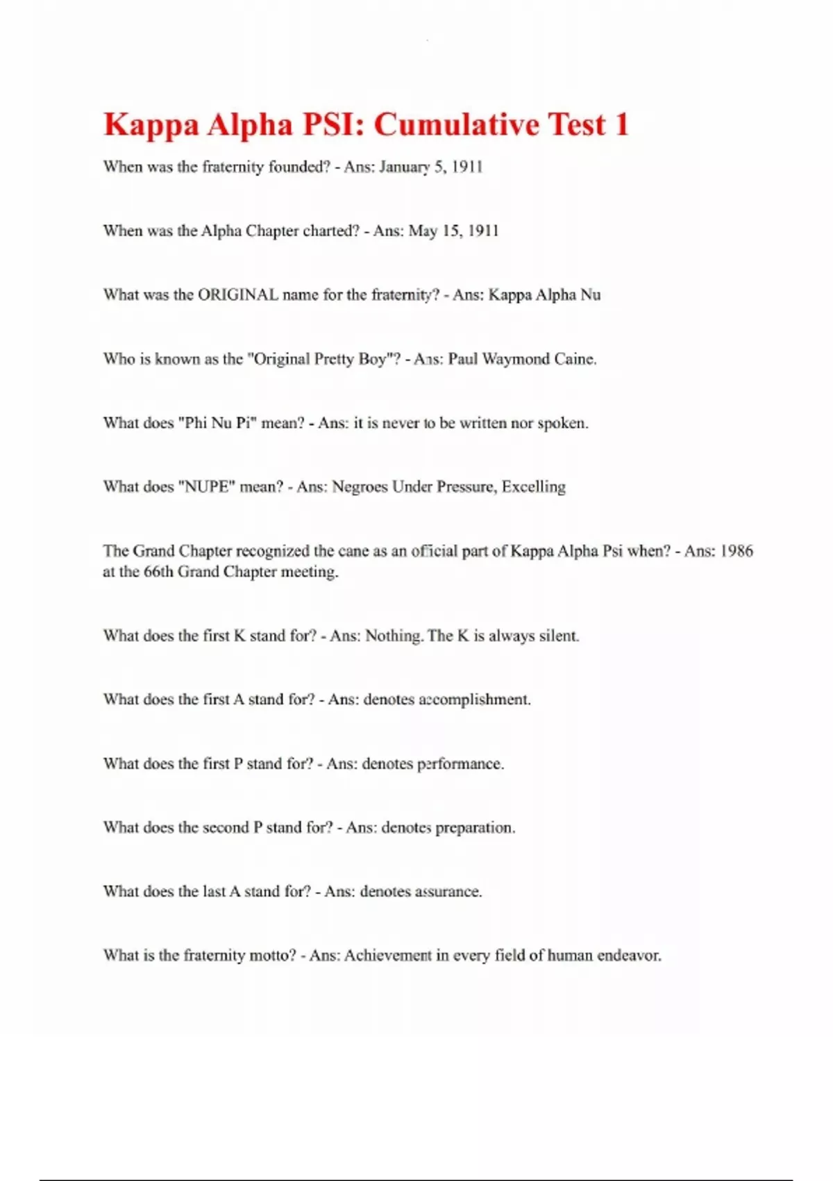 Kappa Alpha PSI: Cumulative Test 1 - Kappa alpha psi - Stuvia US