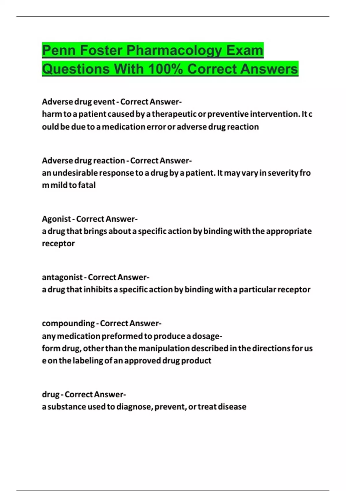 Penn Foster Pharmacology Exam Questions With 100% Correct Answers 2024 ...