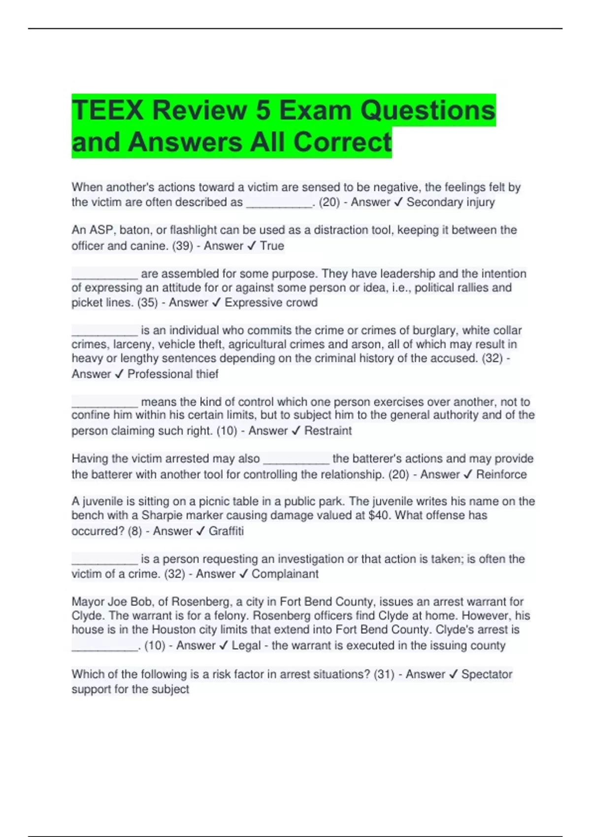 TEEX Review 5 Exam Questions and Answers All Correct - TEEX - Stuvia US