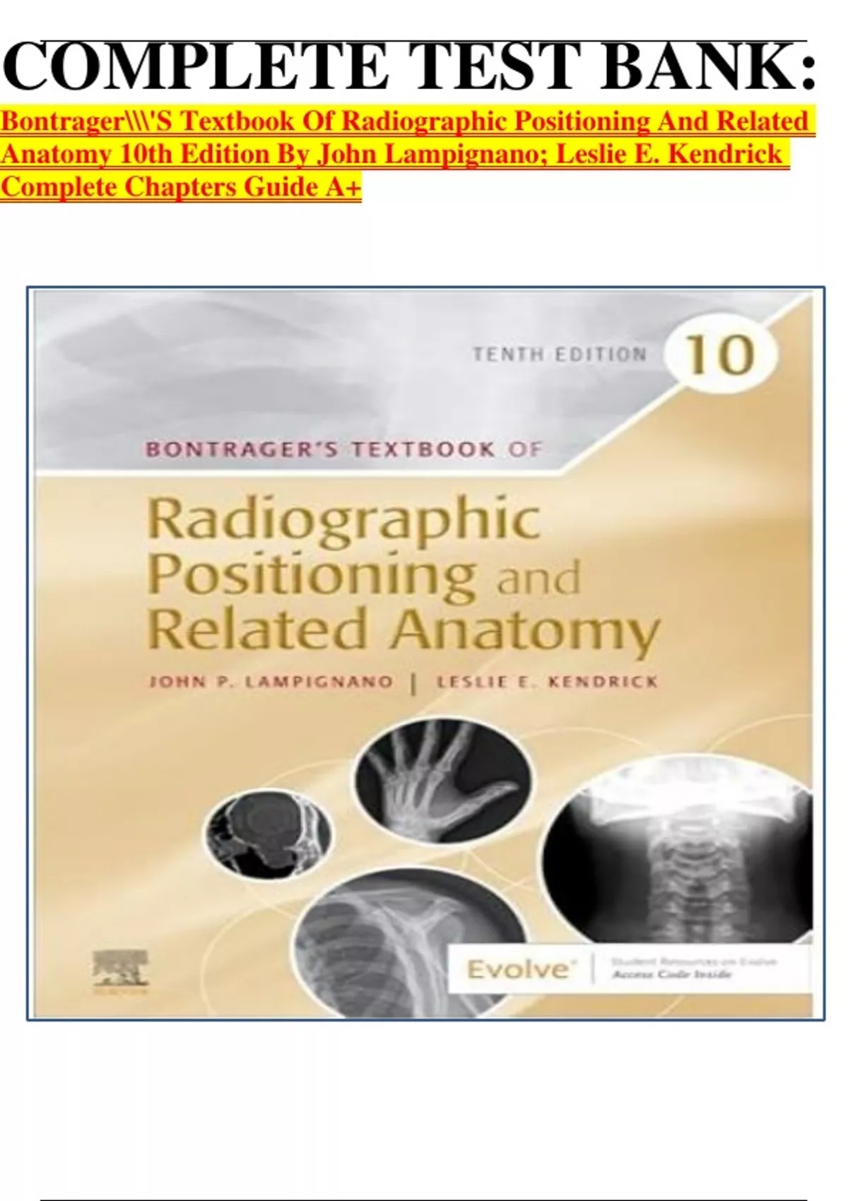 COMPLETE TEST BANK: Bontrager'S Textbook Of Radiographic Positioning ...