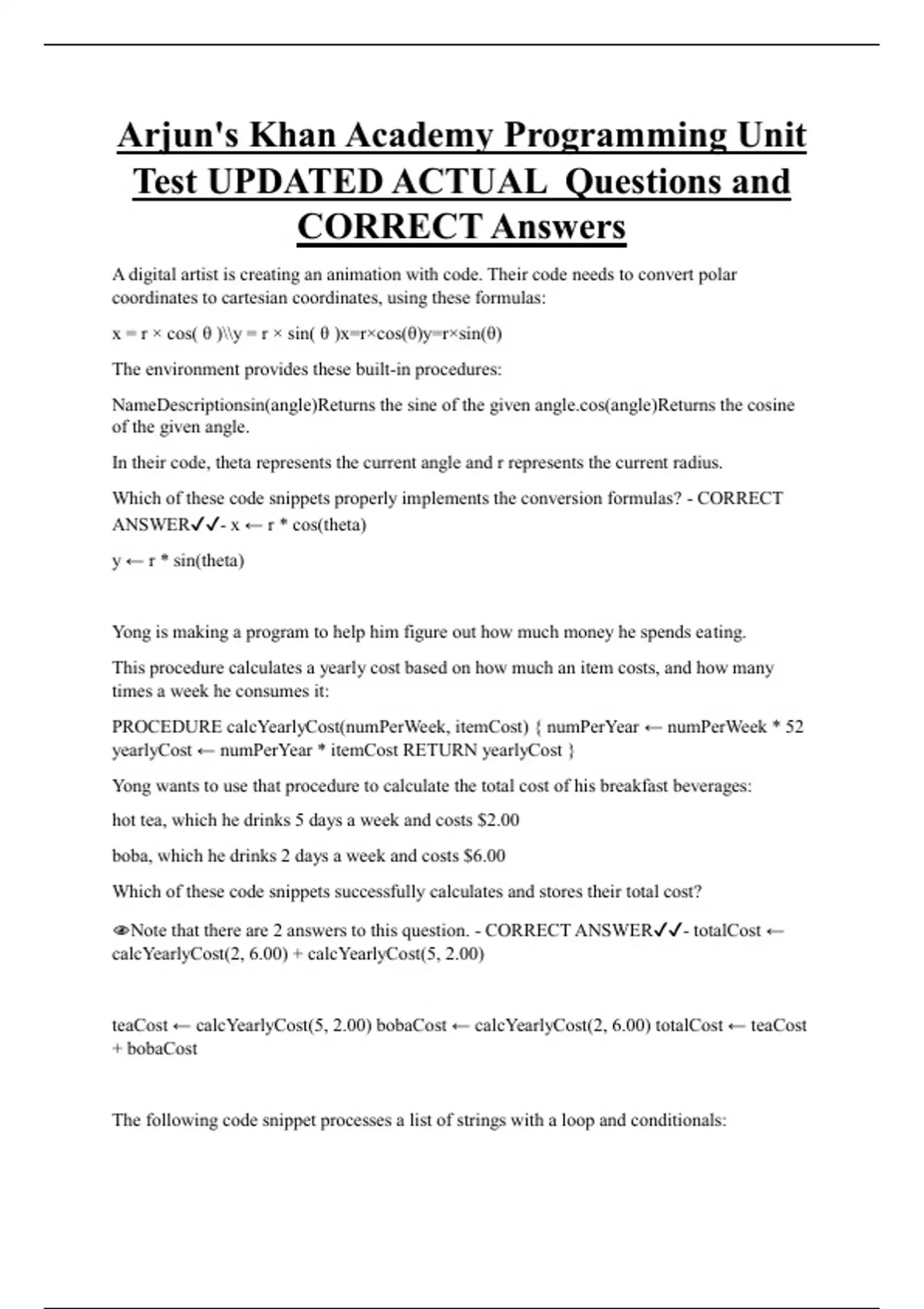 Arjun's Khan Academy Programming Unit Test UPDATED ACTUAL Questions and ...