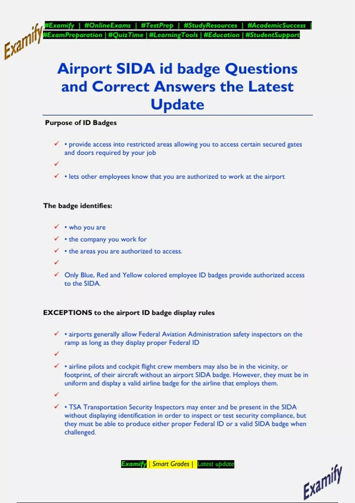 Airport SIDA id badge Questions and Correct Answers the Latest Update ...