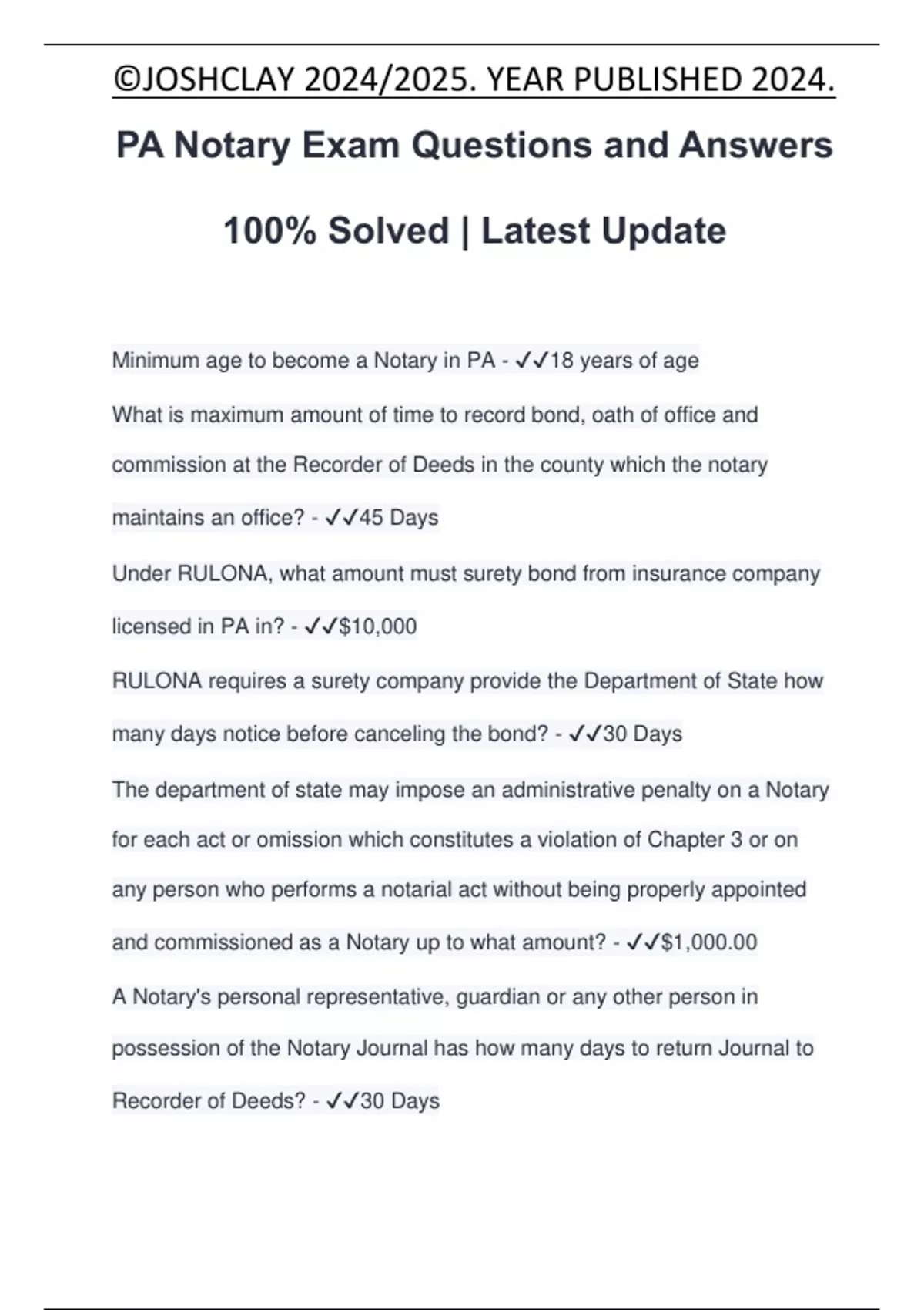 PA Notary Exam Questions and Answers 100% Solved | Latest Update - PA ...