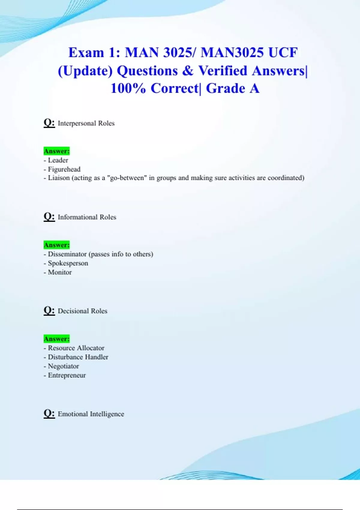 Exam 1: MAN 3025/ MAN3025 UCF (2024/ 2025 Update) Questions & Verified ...