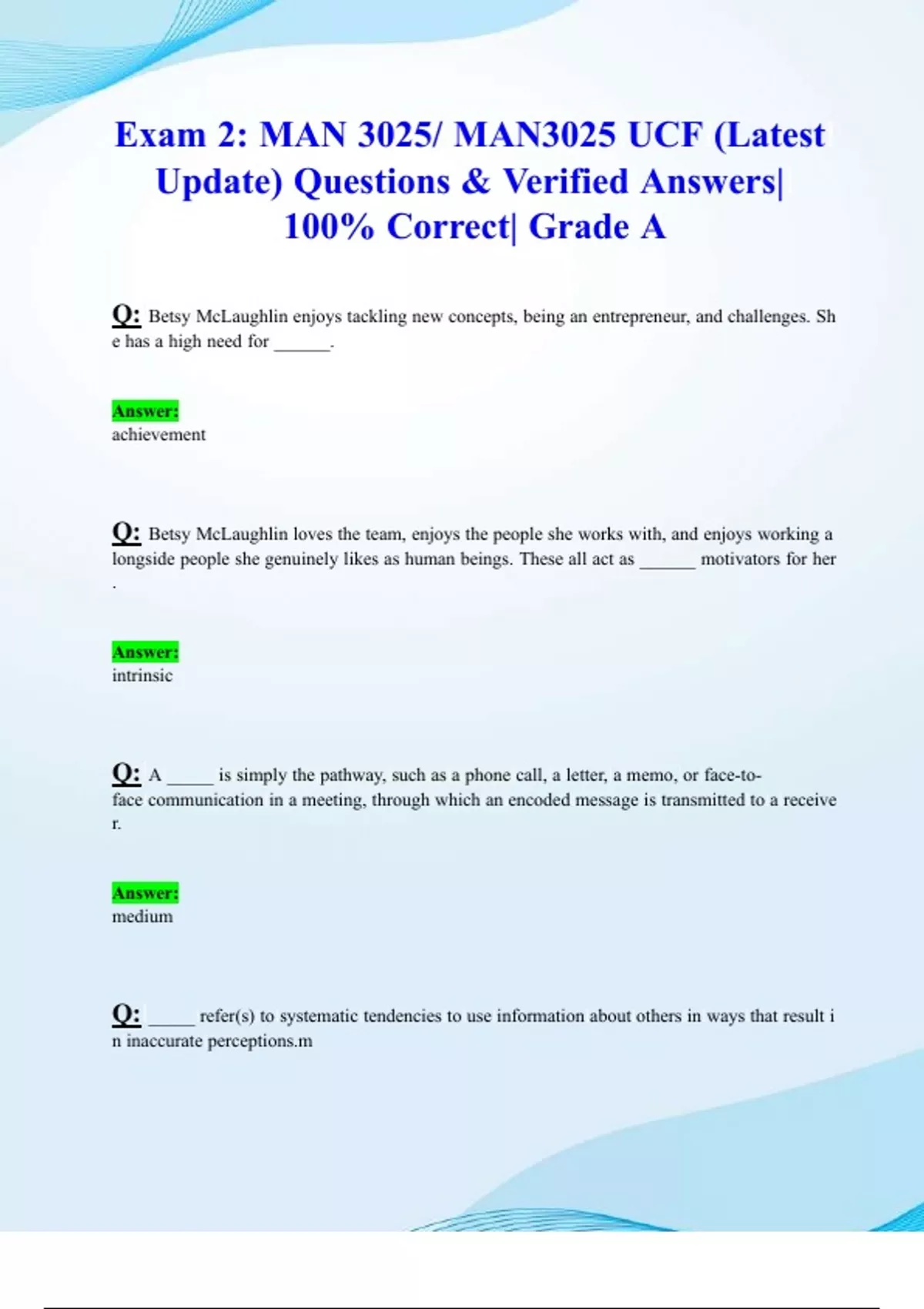 Exam 2: MAN 3025/ MAN3025 UCF (Latest 2024/ 2025 Update) Questions ...