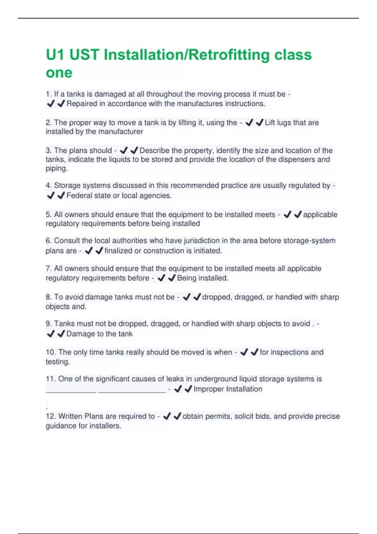 U1 UST Installation/Retrofitting class one Latest(2025) Questions and ...