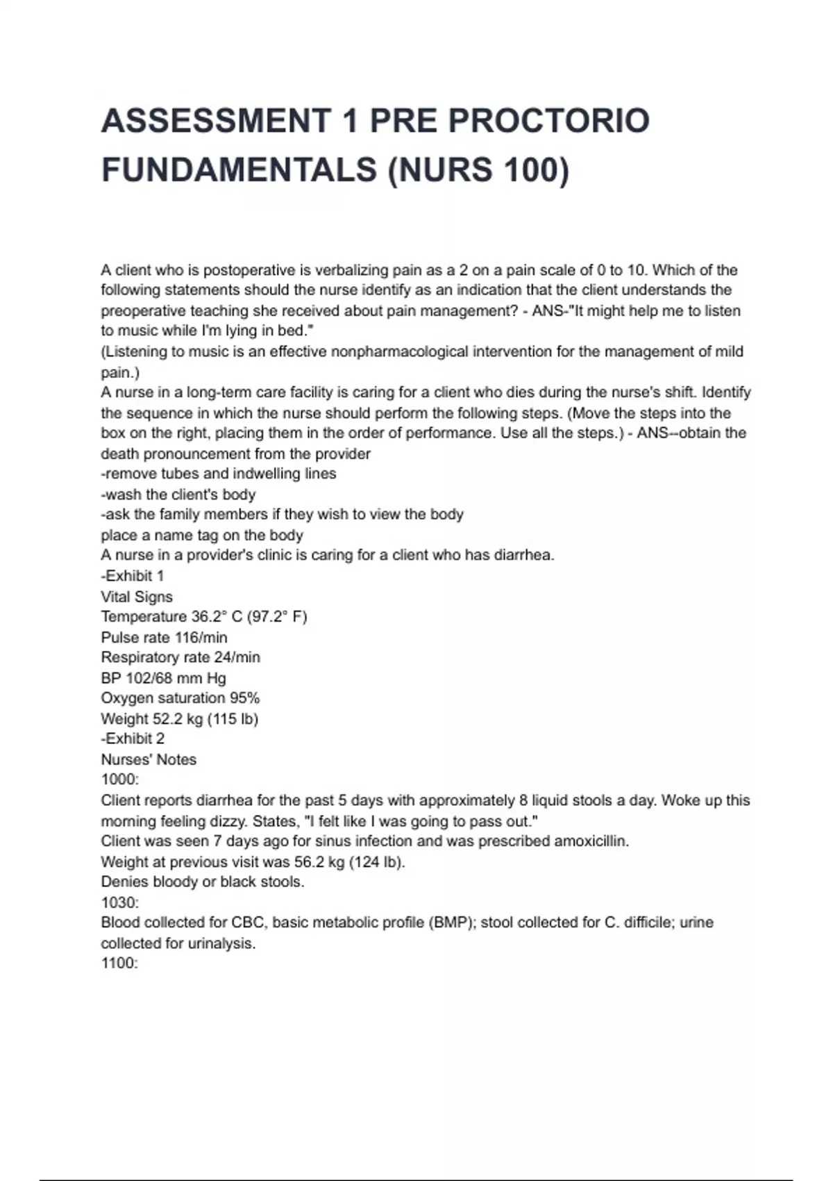 ASSESSMENT 1 PRE PROCTORIO FUNDAMENTALS (NURS 100) questions and ...