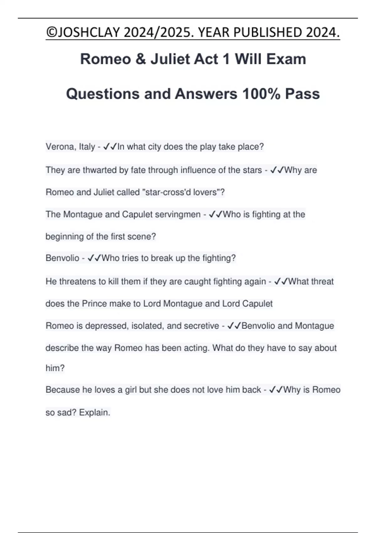Romeo & Juliet Act 1 Will Exam Questions and Answers 100% Pass - Romeo & Juliet - Stuvia US