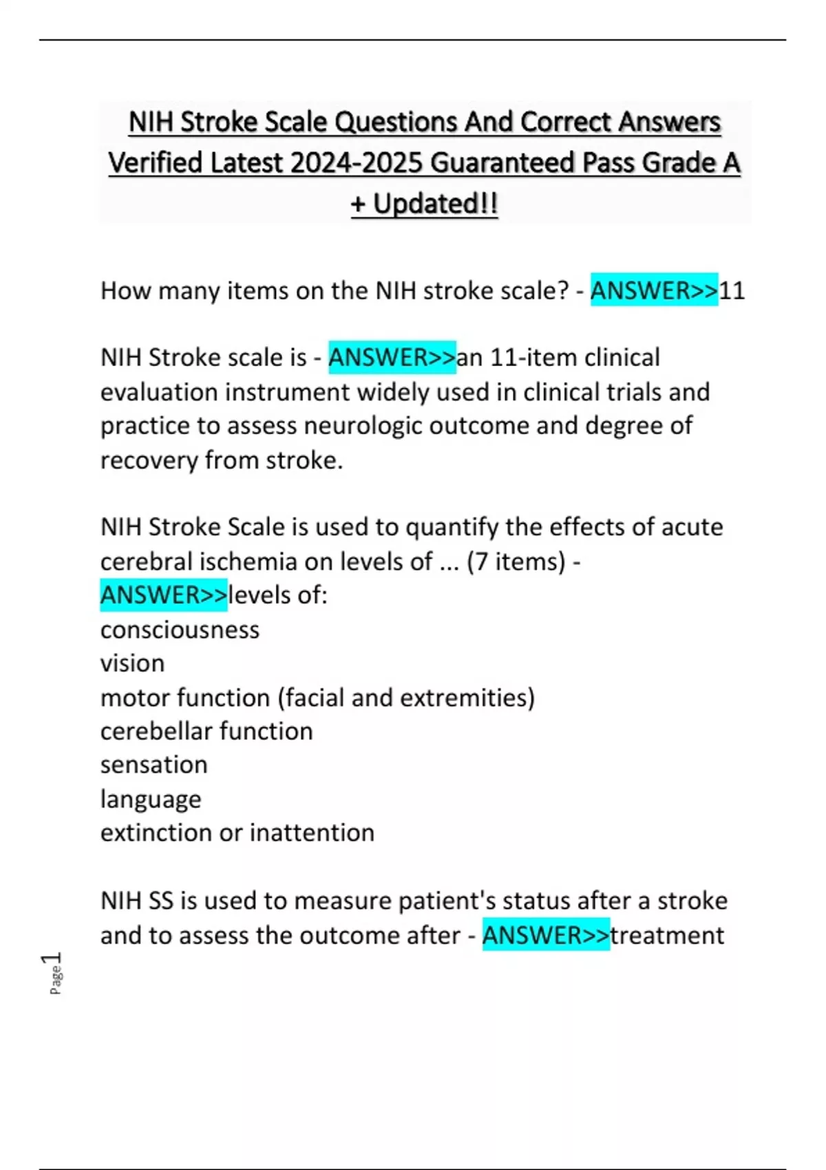 NIH Stroke Scale Questions And Correct Answers Verified Latest ...