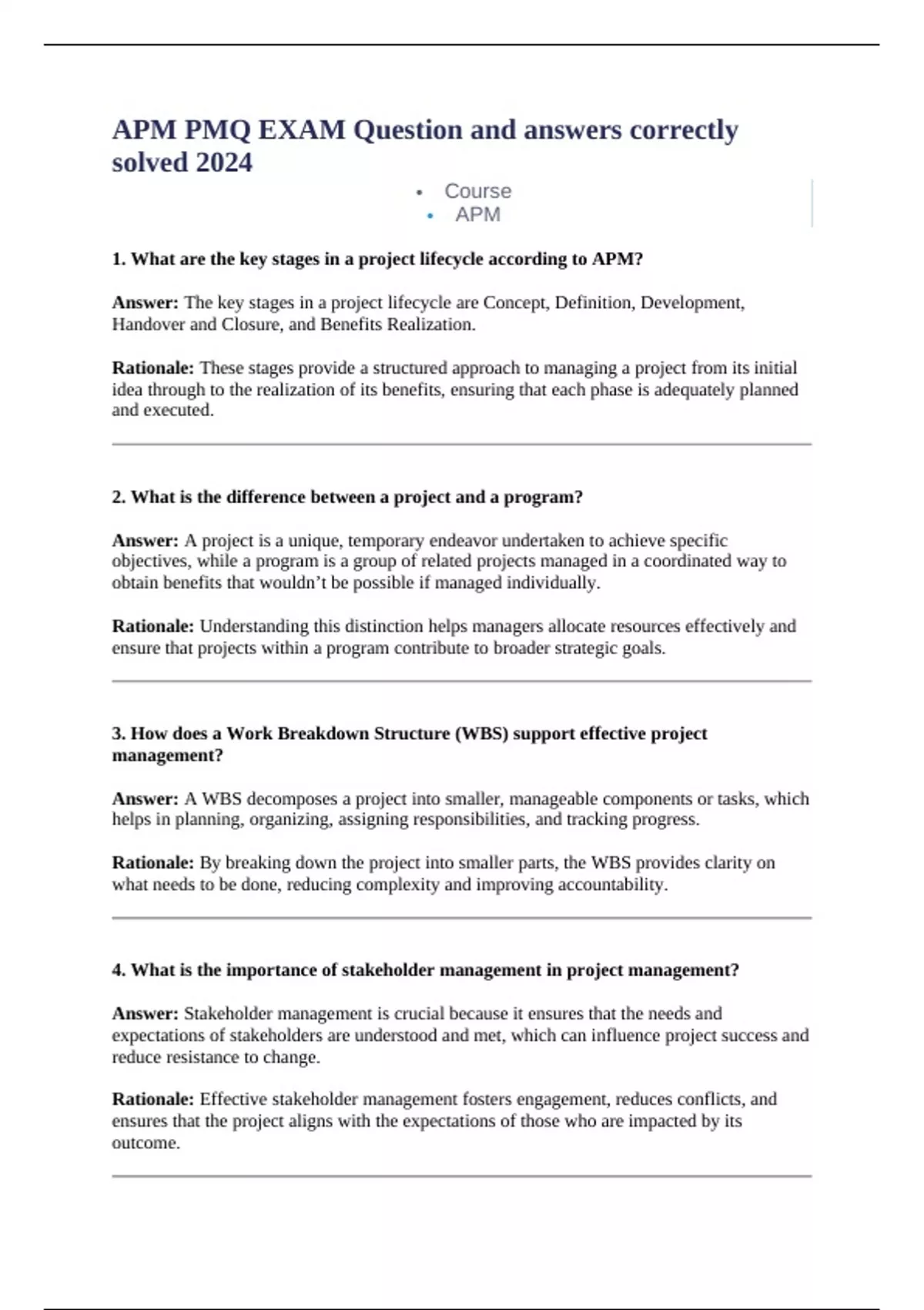 APM PMQ EXAM Question and answers correctly solved 2024 - APM - Stuvia US