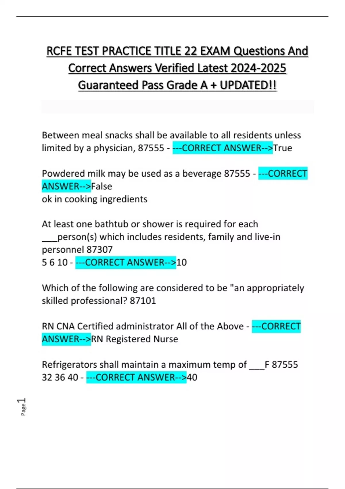 RCFE TEST PRACTICE TITLE 22 EXAM Questions And Correct Answers Verified ...