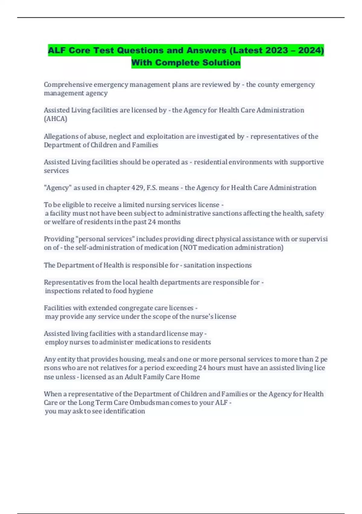 ALF Core Test Questions and Answers (Latest 2023 – 2024) With Complete ...