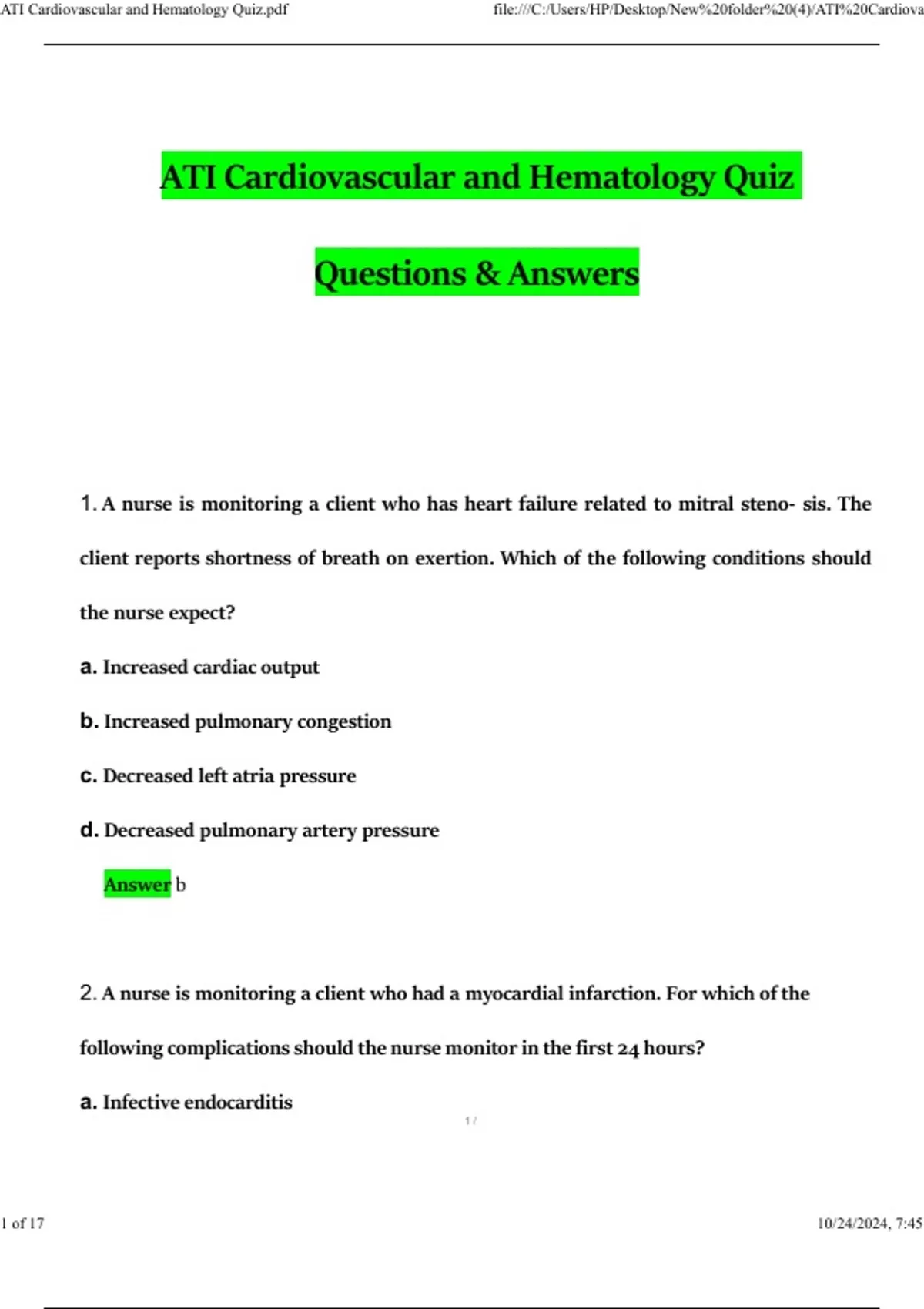 ATI Cardiovascular and Hematology Quiz Questions and Verified Answers ...