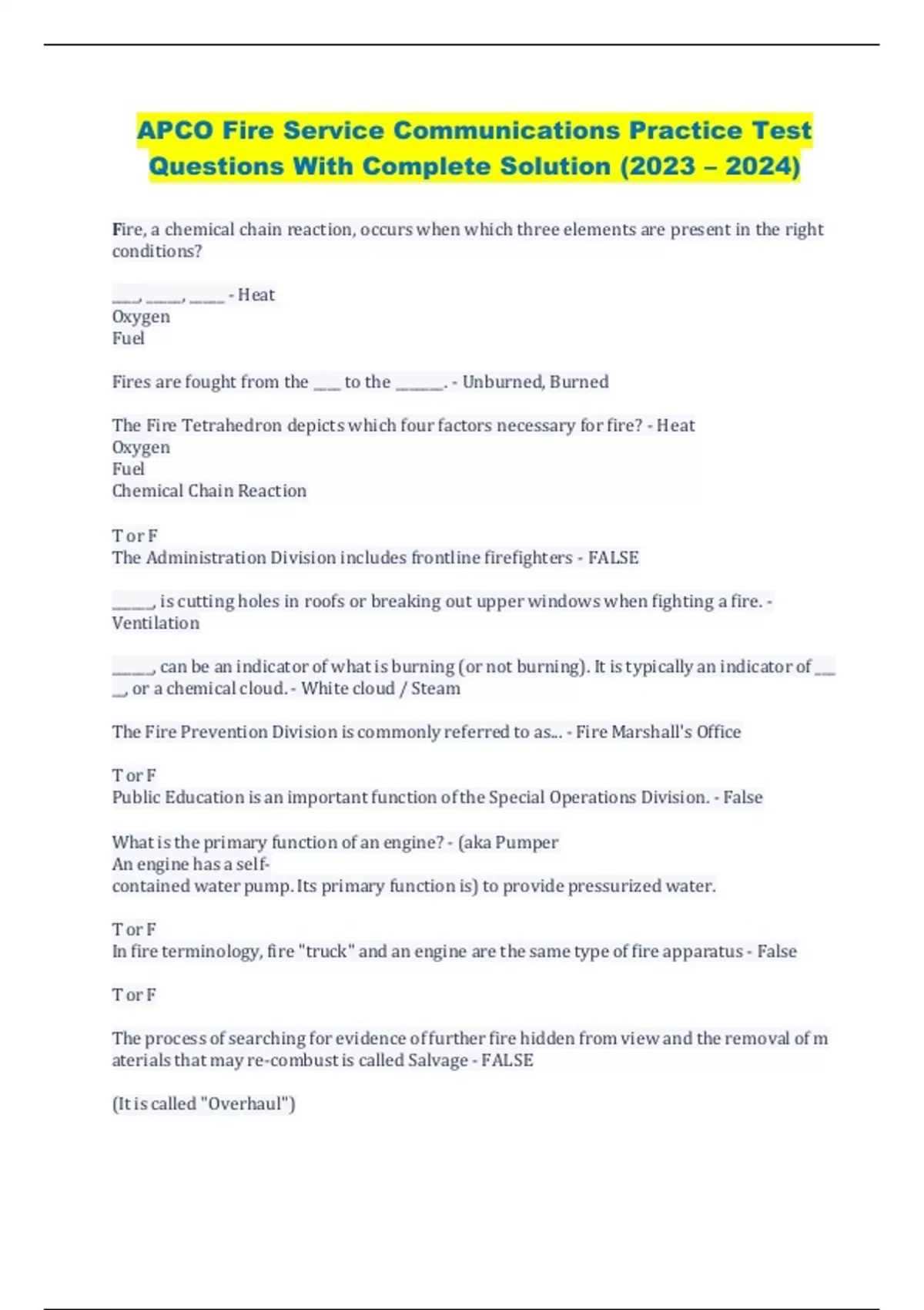 APCO Fire Service Communications Practice Test Questions With Complete ...