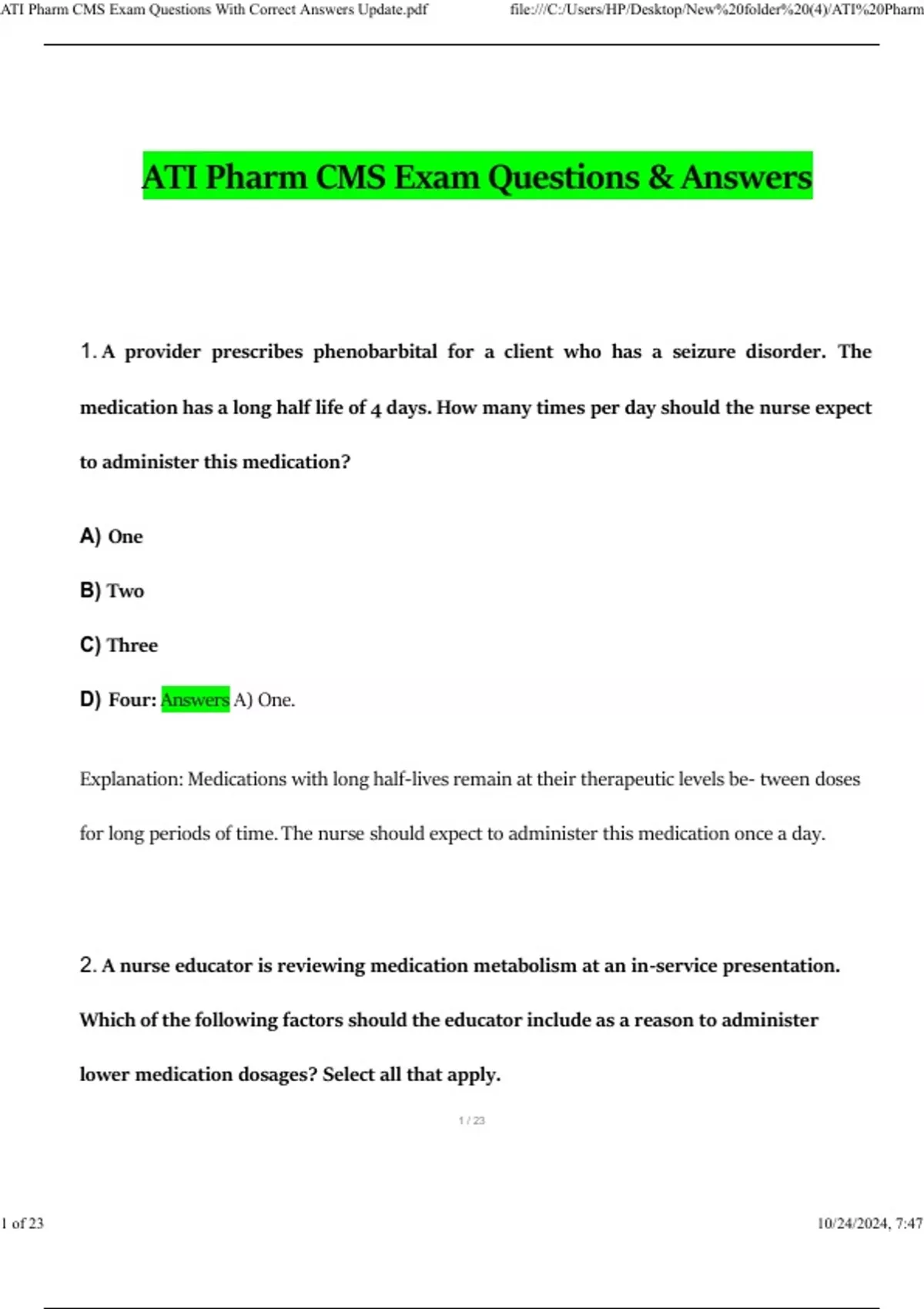 ATI PHARMACOLOGY CMS EXAM Questions and Verified Answers (2024 / 2025 ...