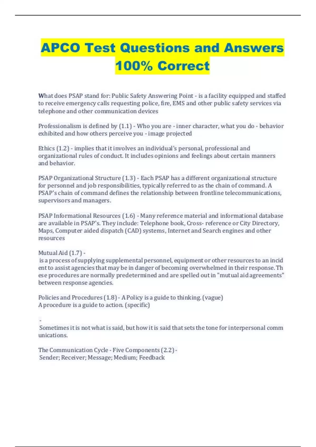 APCO Test Questions and Answers 100% Correct - APCO EMD - Stuvia US