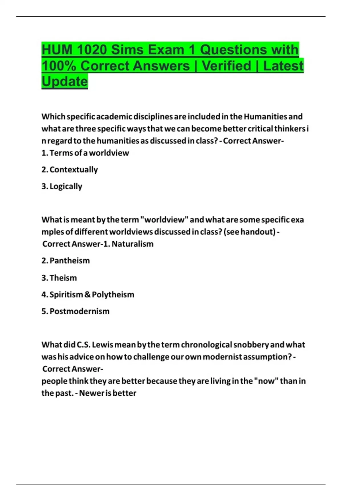 HUM 1020 Sims Exam 1 Questions with 100% Correct Answers | Verified ...