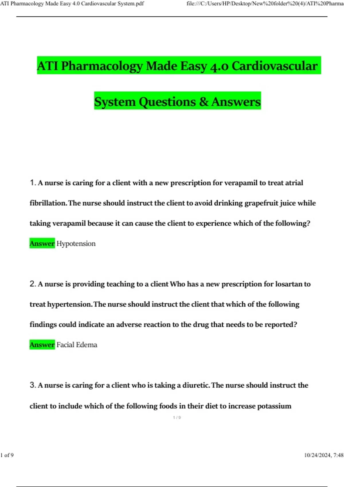 ATI Pharmacology Made Easy 4.0 Cardiovascular System 2024 Questions ...