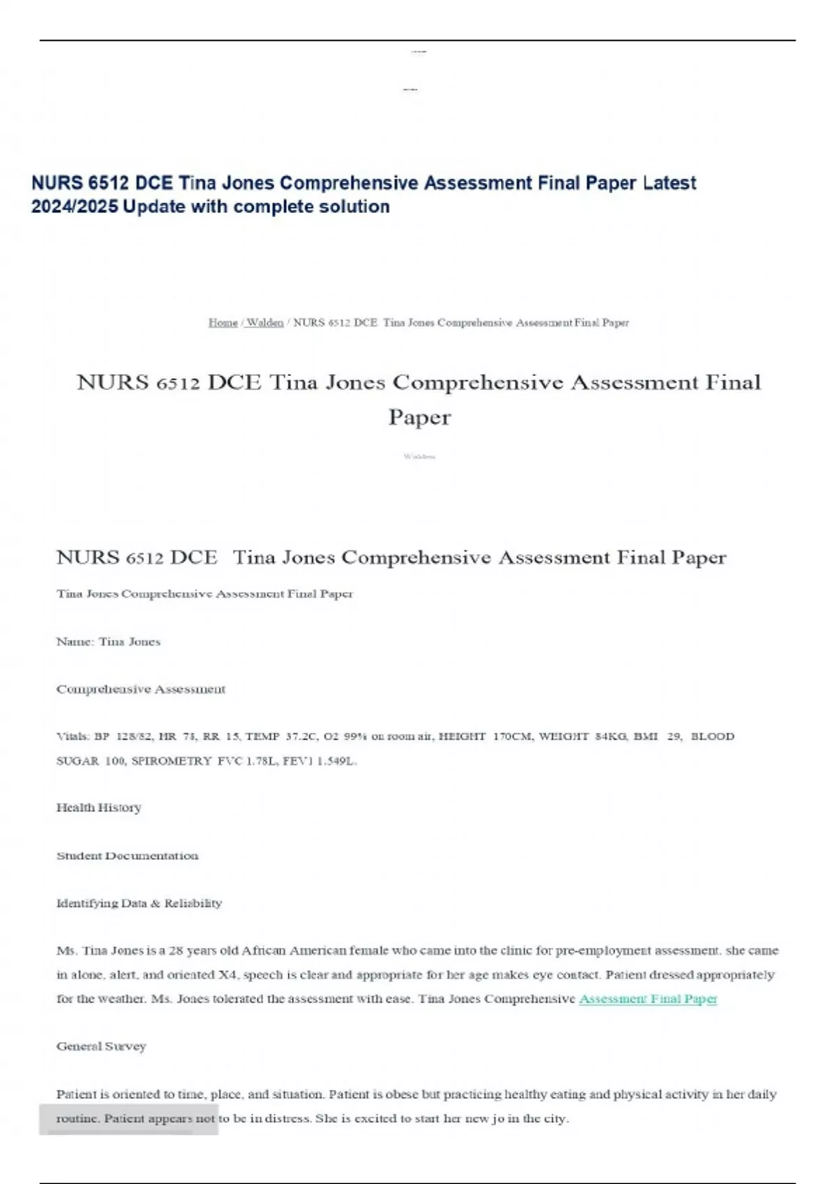 NURS 6512 DCE Tina Jones Comprehensive Assessment Final Paper Latest ...