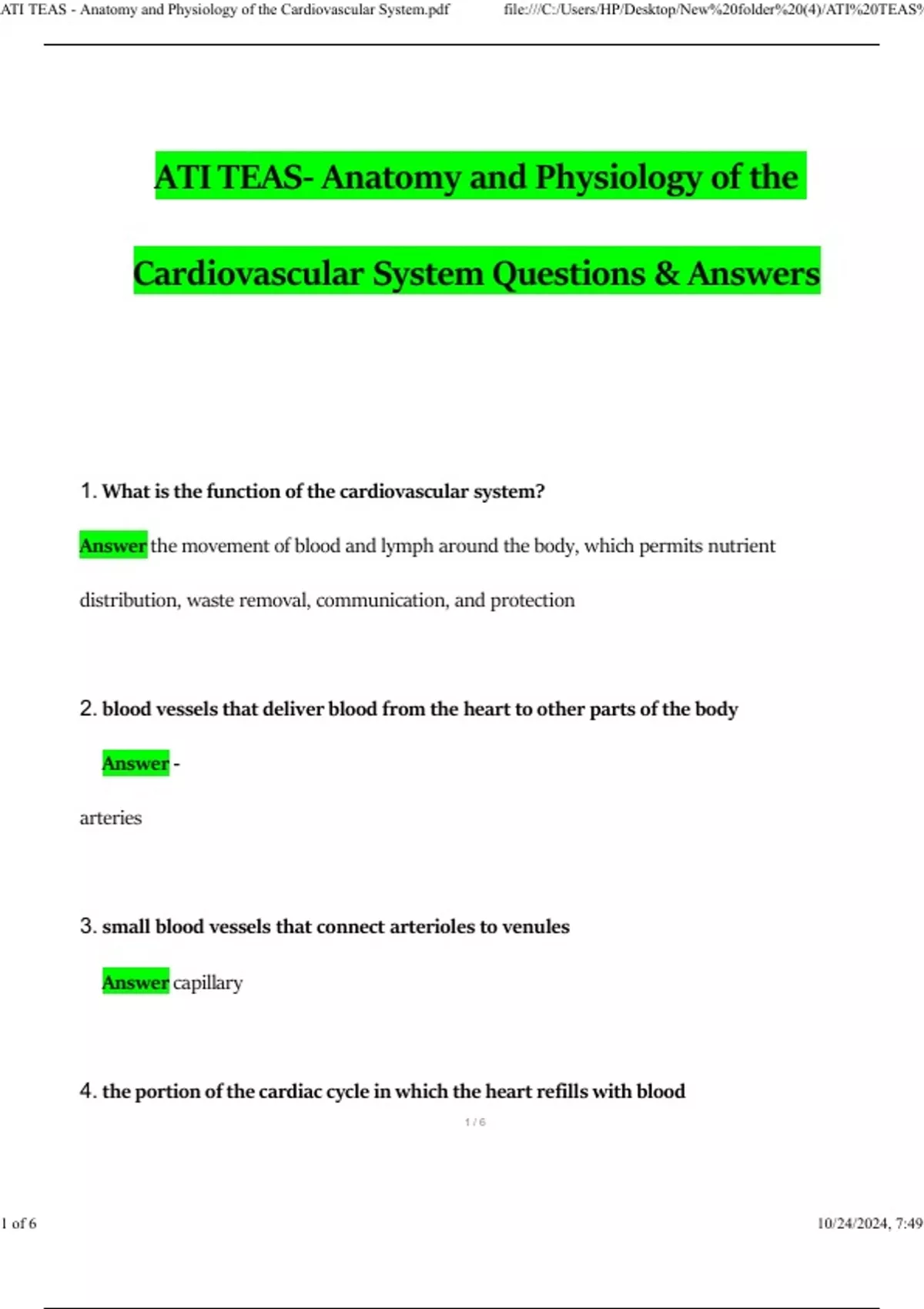 ATI TEAS - Anatomy and Physiology of the Cardiovascular System Questions and Verified Answers ...