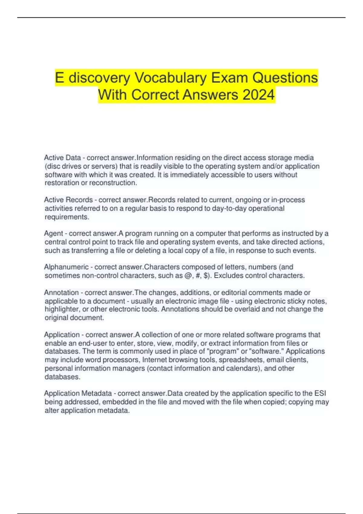 E discovery Vocabulary Exam Questions With Correct Answers 2024 - E ...