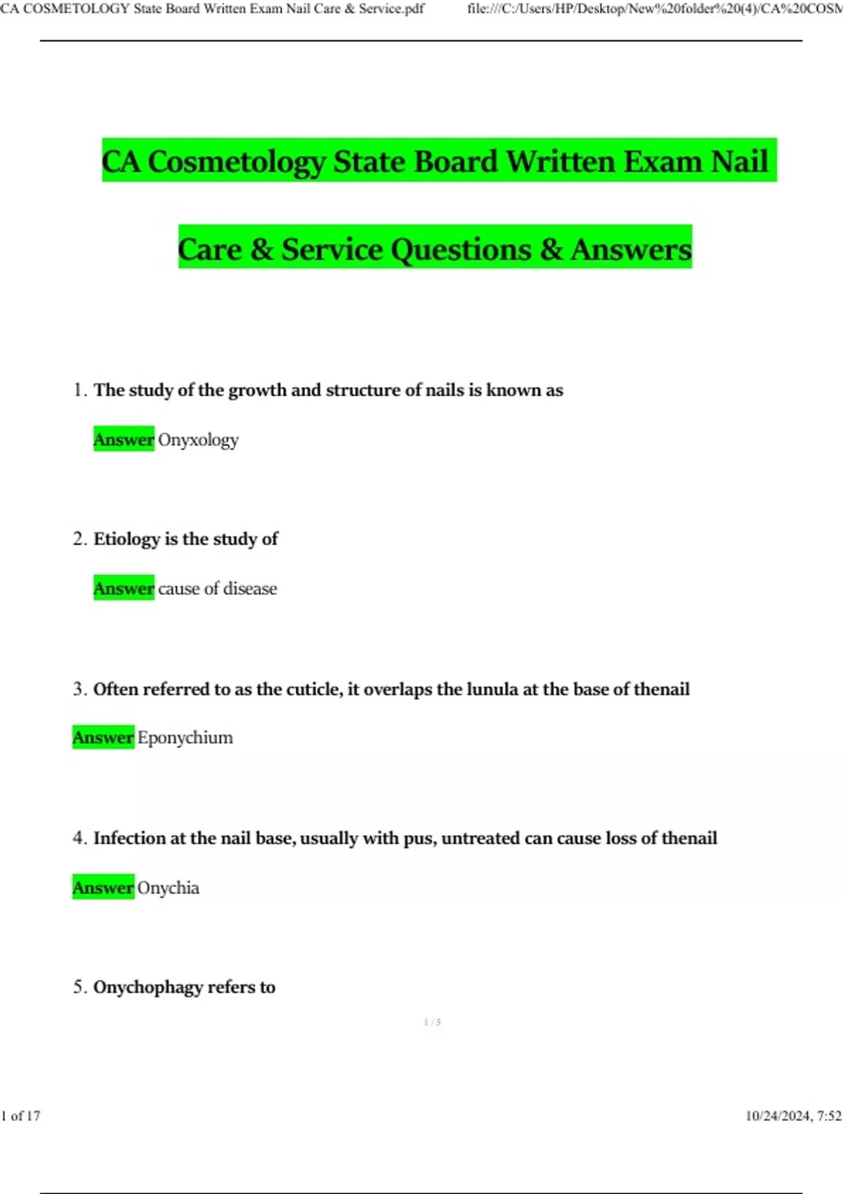 CA COSMETOLOGY State Board Written Exam Nail Care & Service Questions ...