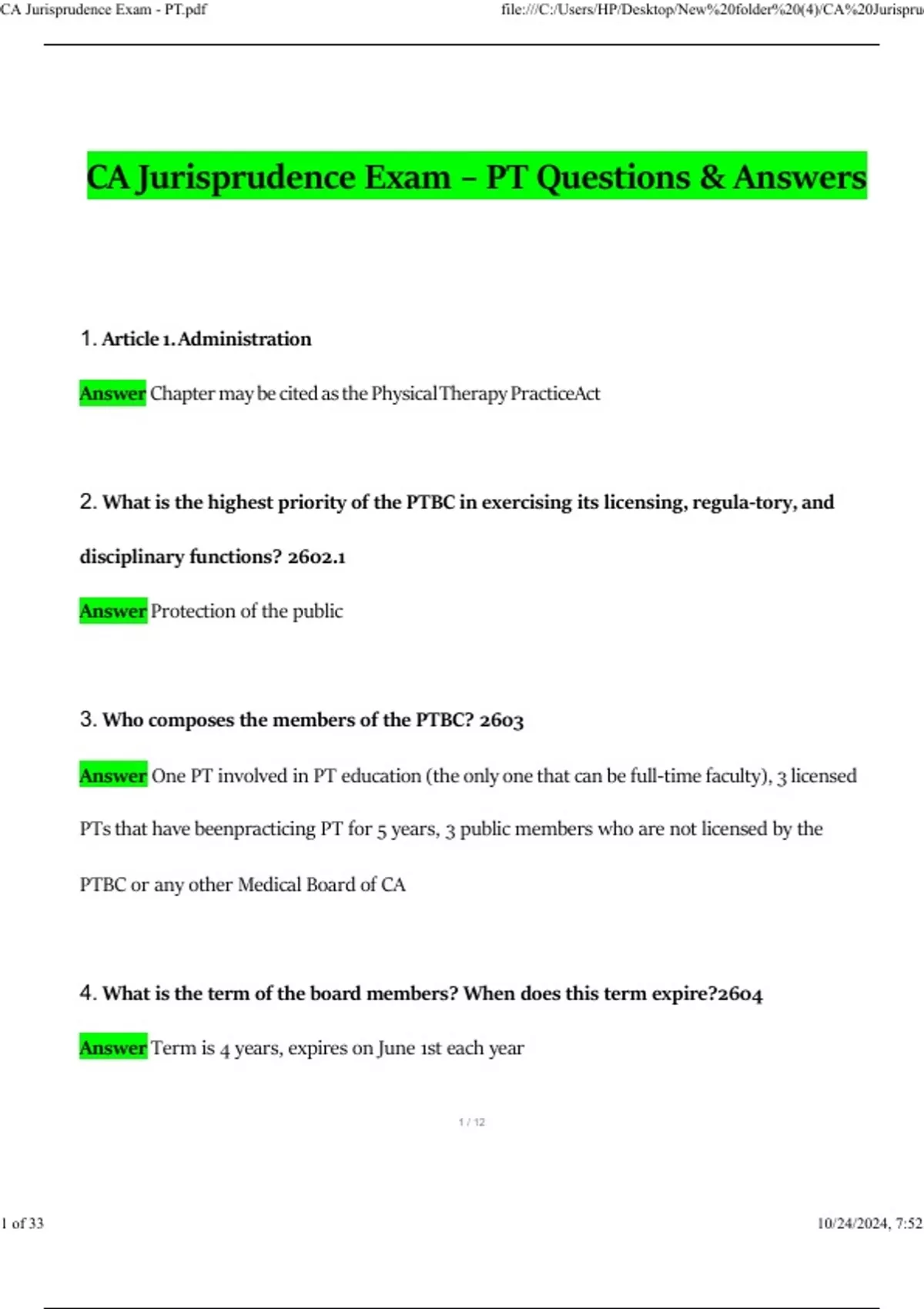 CA Jurisprudence Exam - PT Questions and Verified Answers (2024 / 2025) 100% Guarantee Pass - CA ...