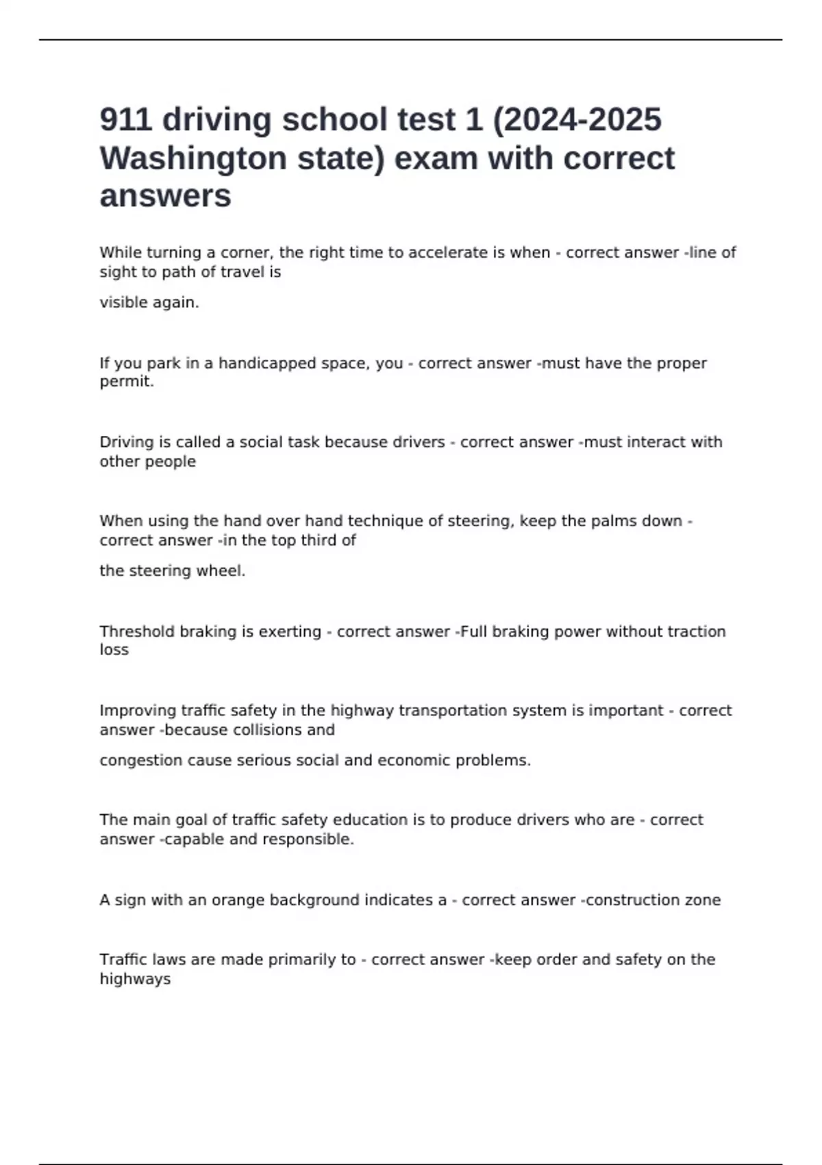 911 driving school test 1 ( Washington state) exam with correct answers ...