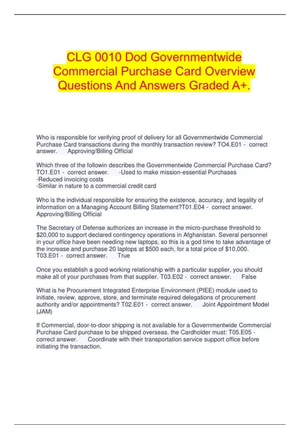 CLG 0010 Dod Governmentwide Commercial Purchase Card Overview Questions ...