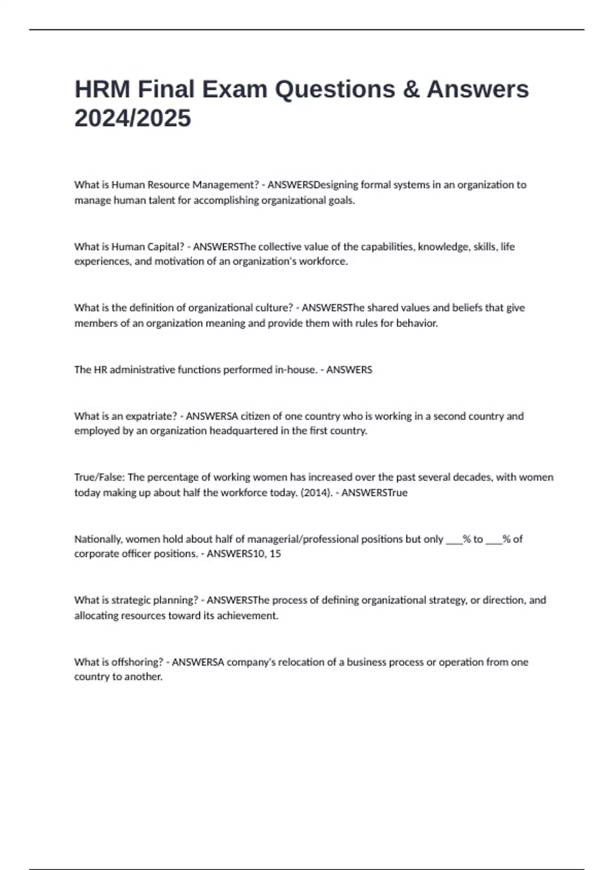 HRM Final Exam Questions & Answers 2024/2025 - HRM - Stuvia US