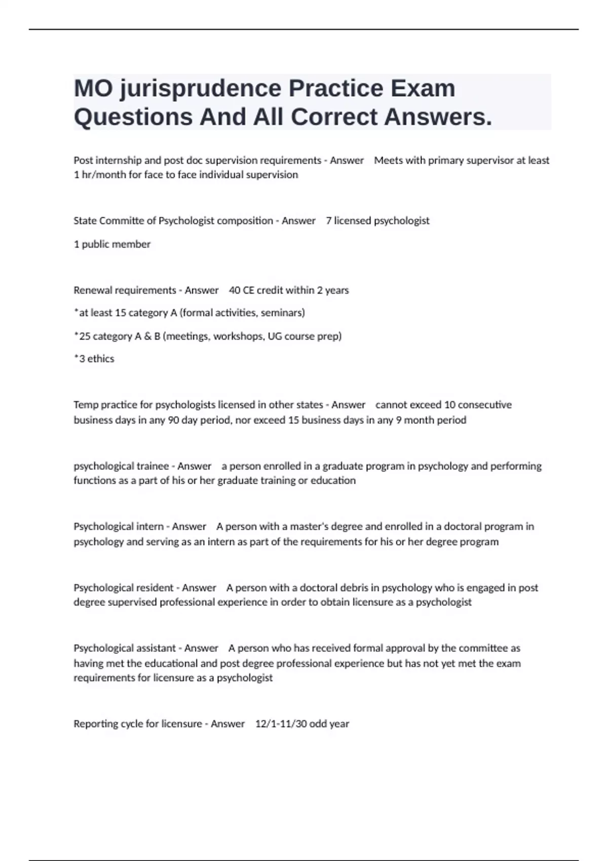 MO jurisprudence Practice Exam Questions And All Correct Answers. - MO ...