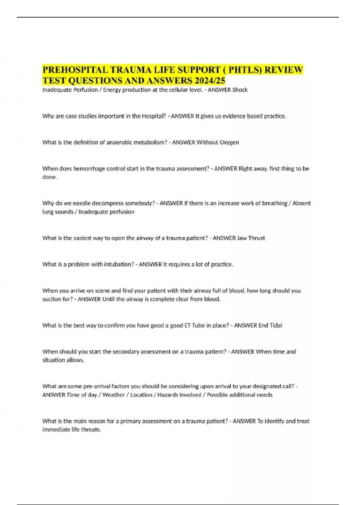 PREHOSPITAL TRAUMA LIFE SUPPORT ( PHTLS) REVIEW TEST QUESTIONS AND ...