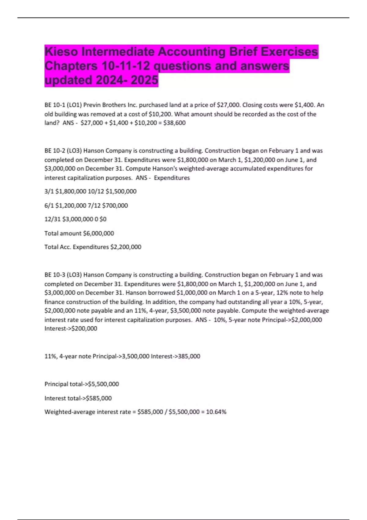 Kieso Intermediate Accounting Brief Exercises Chapters 10-11-12 ...