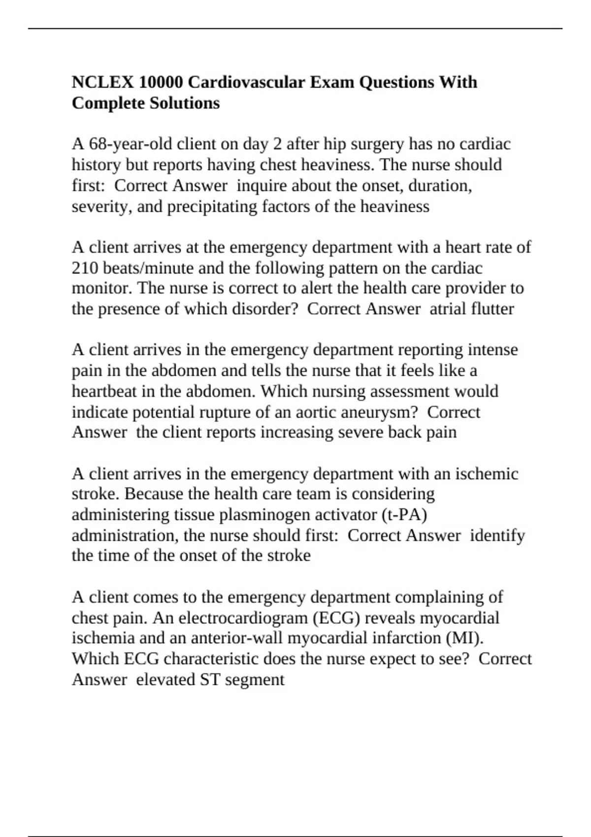 NCLEX 10000 Cardiovascular Exam Questions With Complete Solutions ...