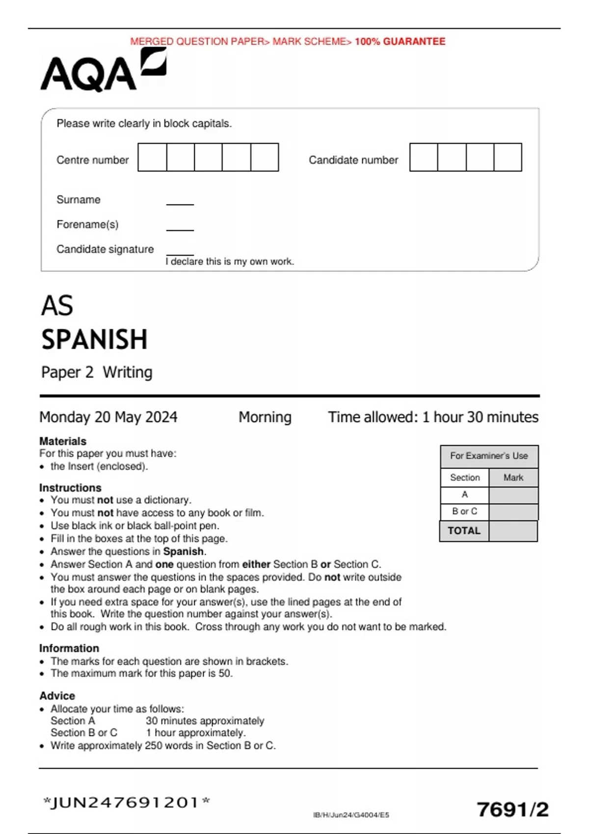 VERIFIED/AQA 2024 AS SPANISH Paper 2 Writing MERGED QUESTION PAPER MARK ...