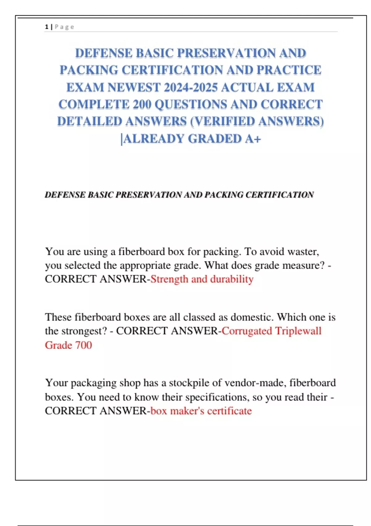 DEFENSE BASIC PRESERVATION AND PACKING CERTIFICATION AND PRACTICE EXAM NEWEST ACTUAL EXAM ...