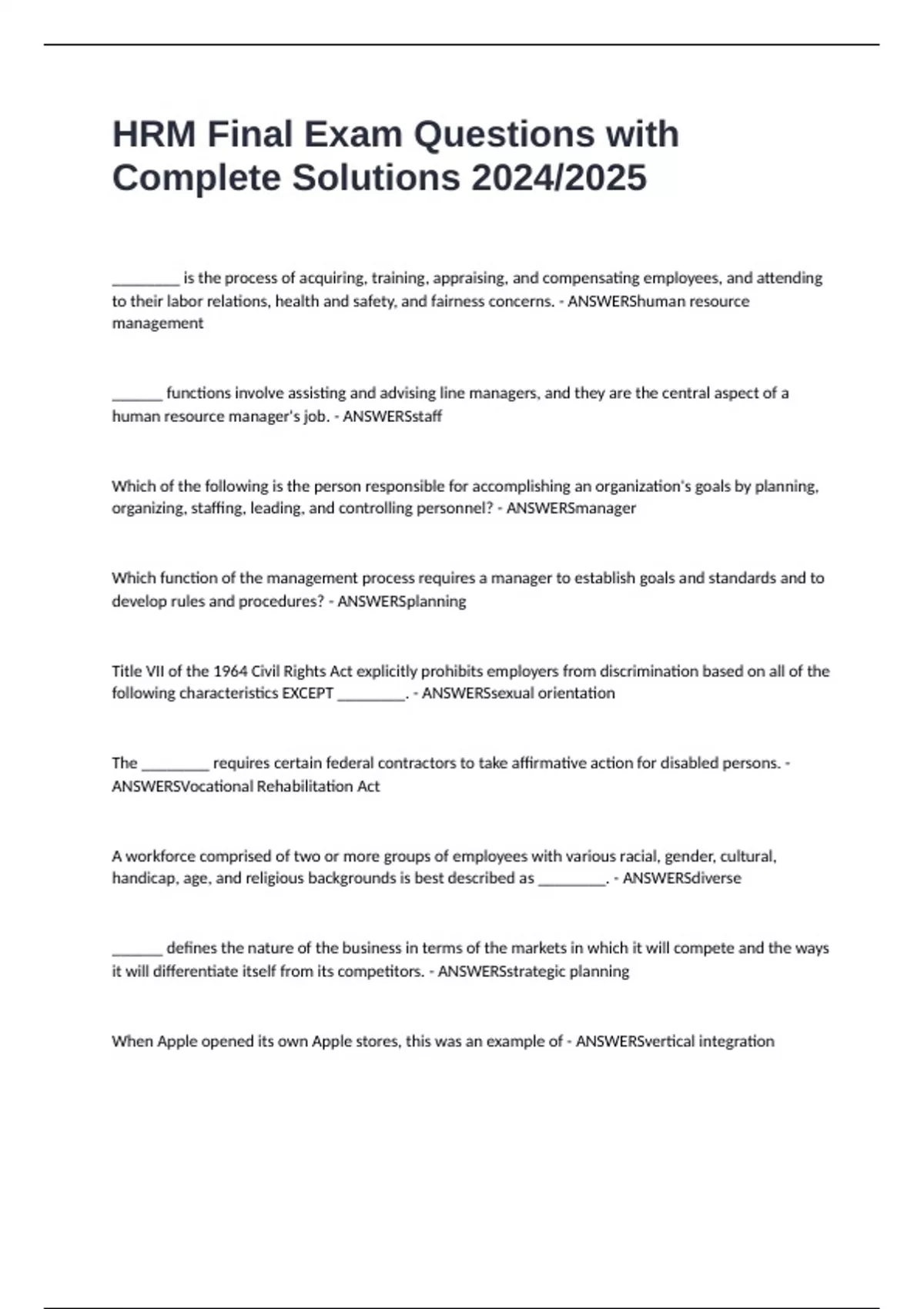 HRM Final Exam Questions with Complete Solutions 2024/2025 - HRM - Stuvia US