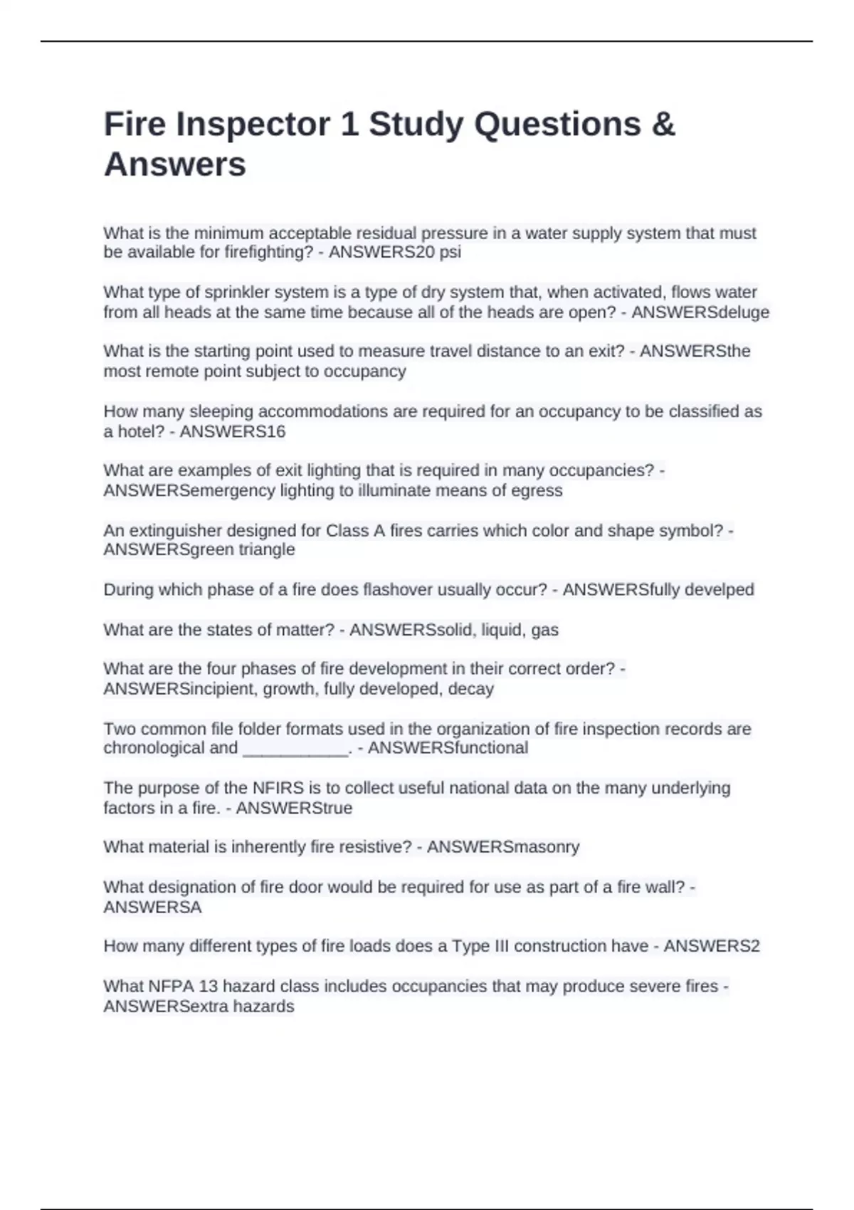 Fire Inspector 1 Study Questions & Answers - Fire Inspector - Stuvia US