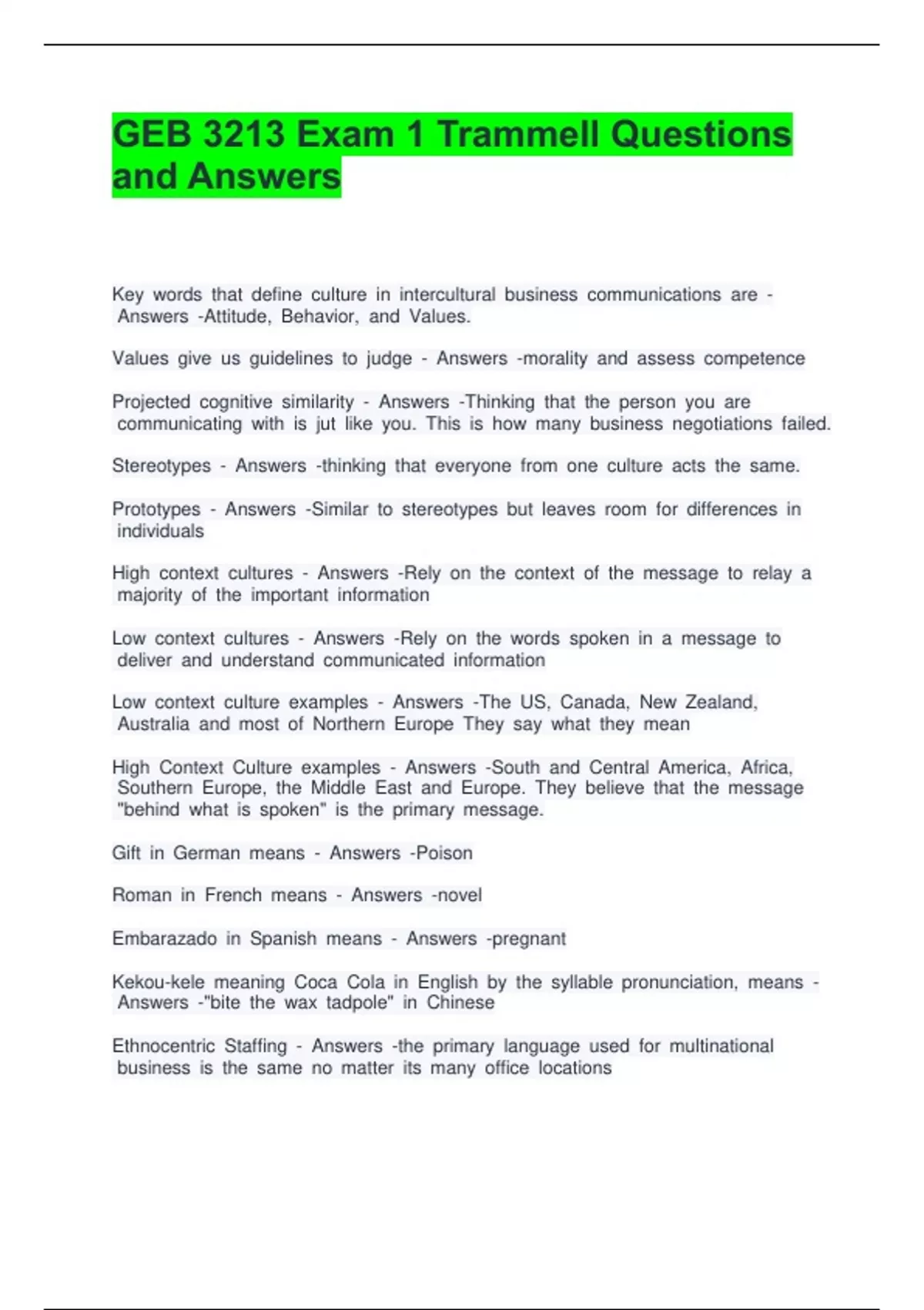 GEB 3213 Exam 1 Trammell Questions and Answers - GEB 3213 - Stuvia US