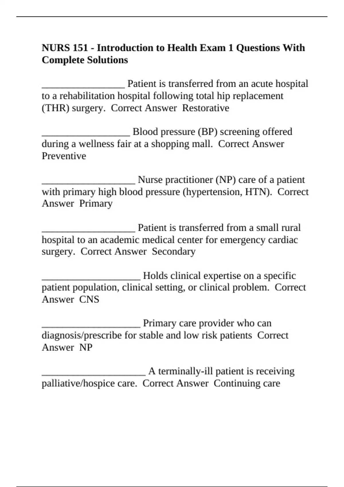 NURS 151 - Introduction to Health Exam 1 Questions With Complete Solutions - NURS 151 - Stuvia UK