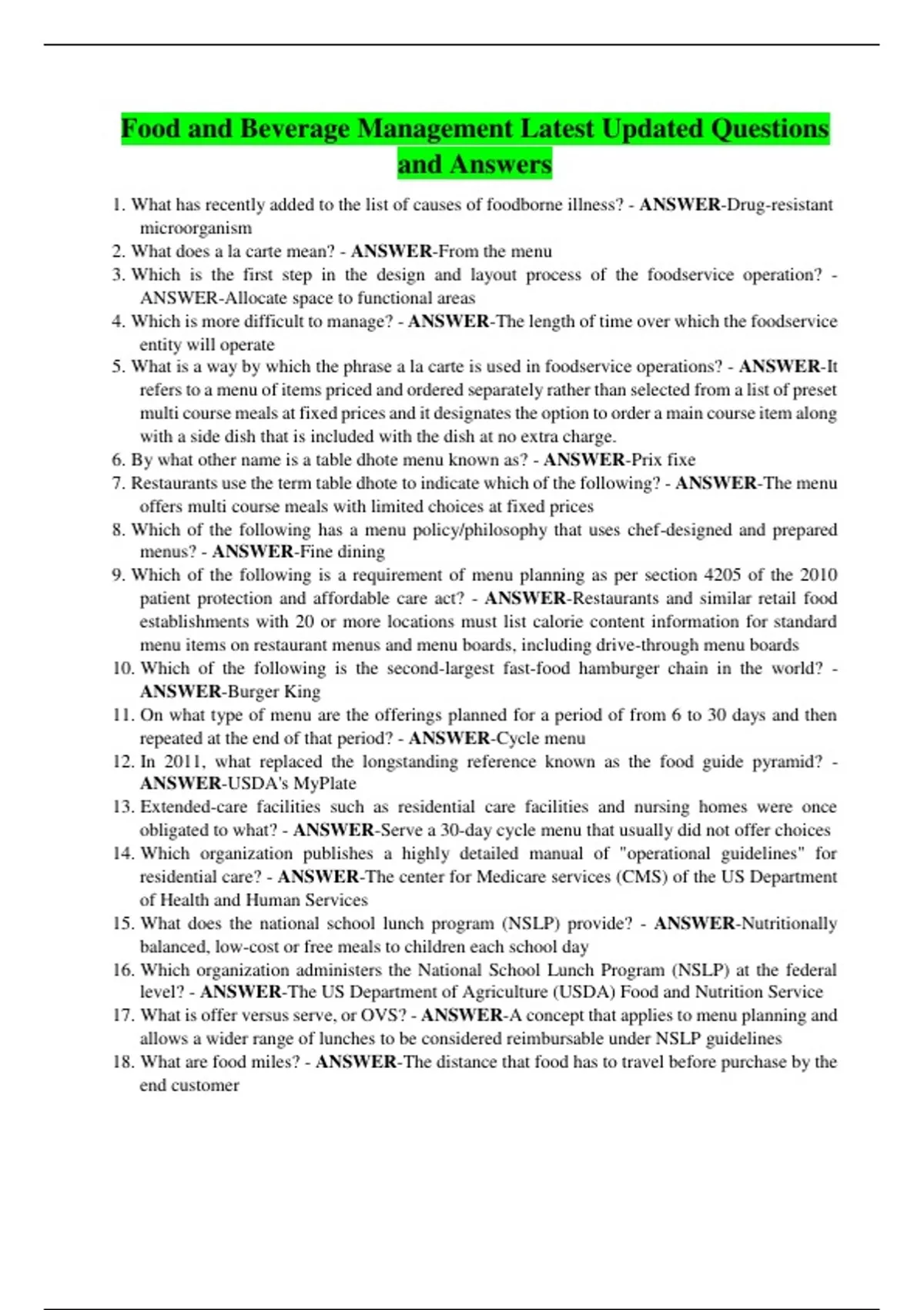 Food and Beverage Management Latest Updated Questions and Answers ...