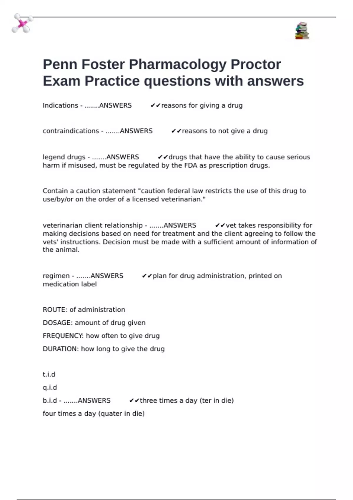 Penn Foster Pharmacology Proctor Exam Practice questions with answers ...