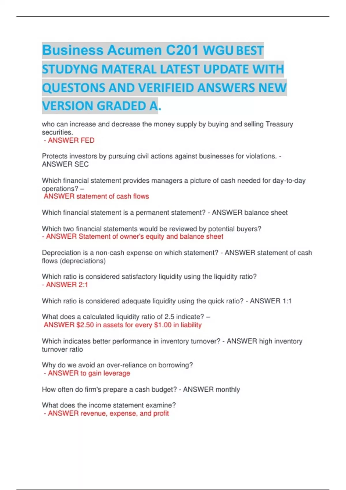 WGU Business Acumen C201: Best Study Material with Verified Questions ...