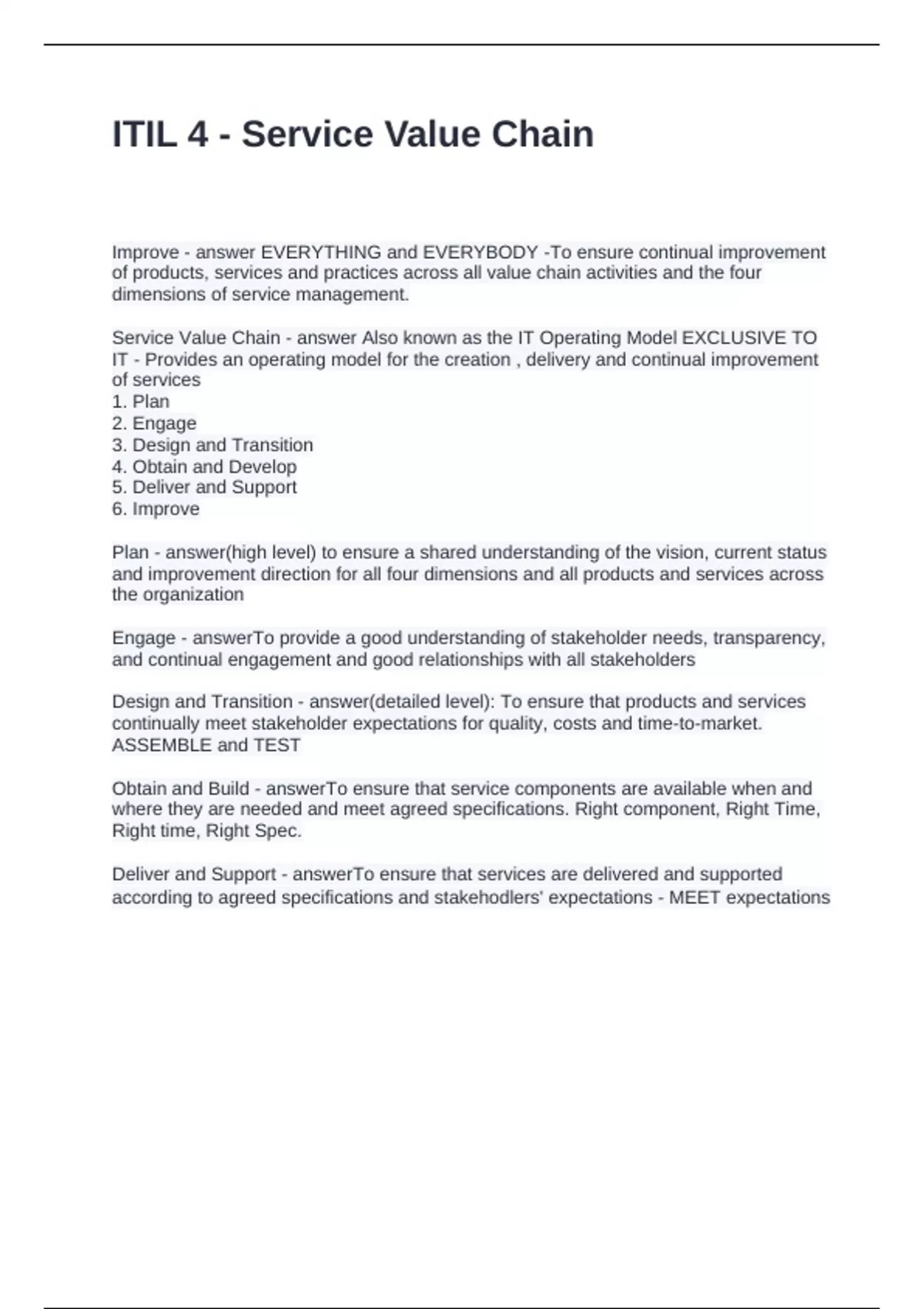 ITIL 4 - Service Value Chain Questions and Answers Fully Solved - ITIL ...