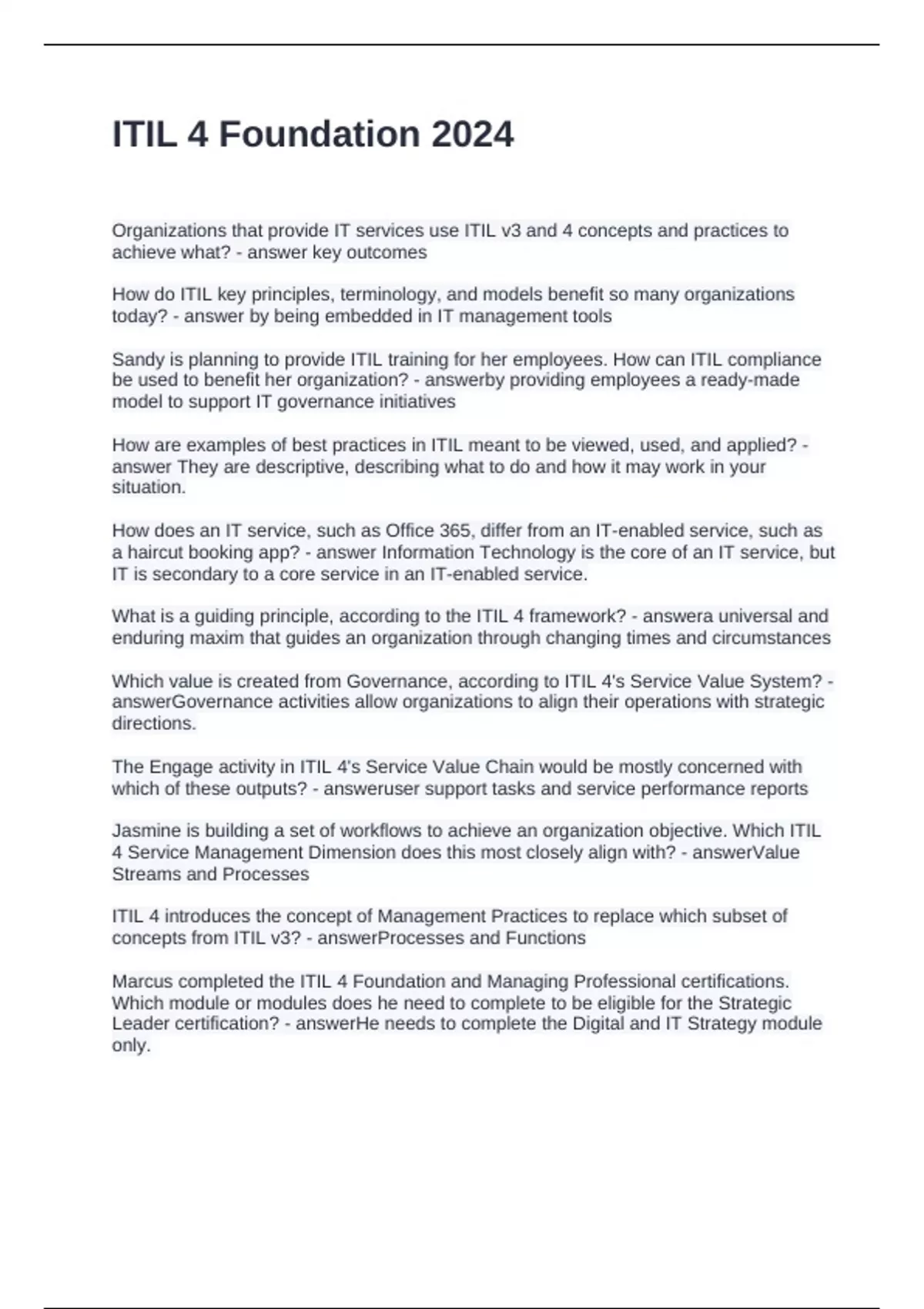 ITIL 4 Foundation 2024 Questions with Correct Answers - ITIL 4 - Stuvia US