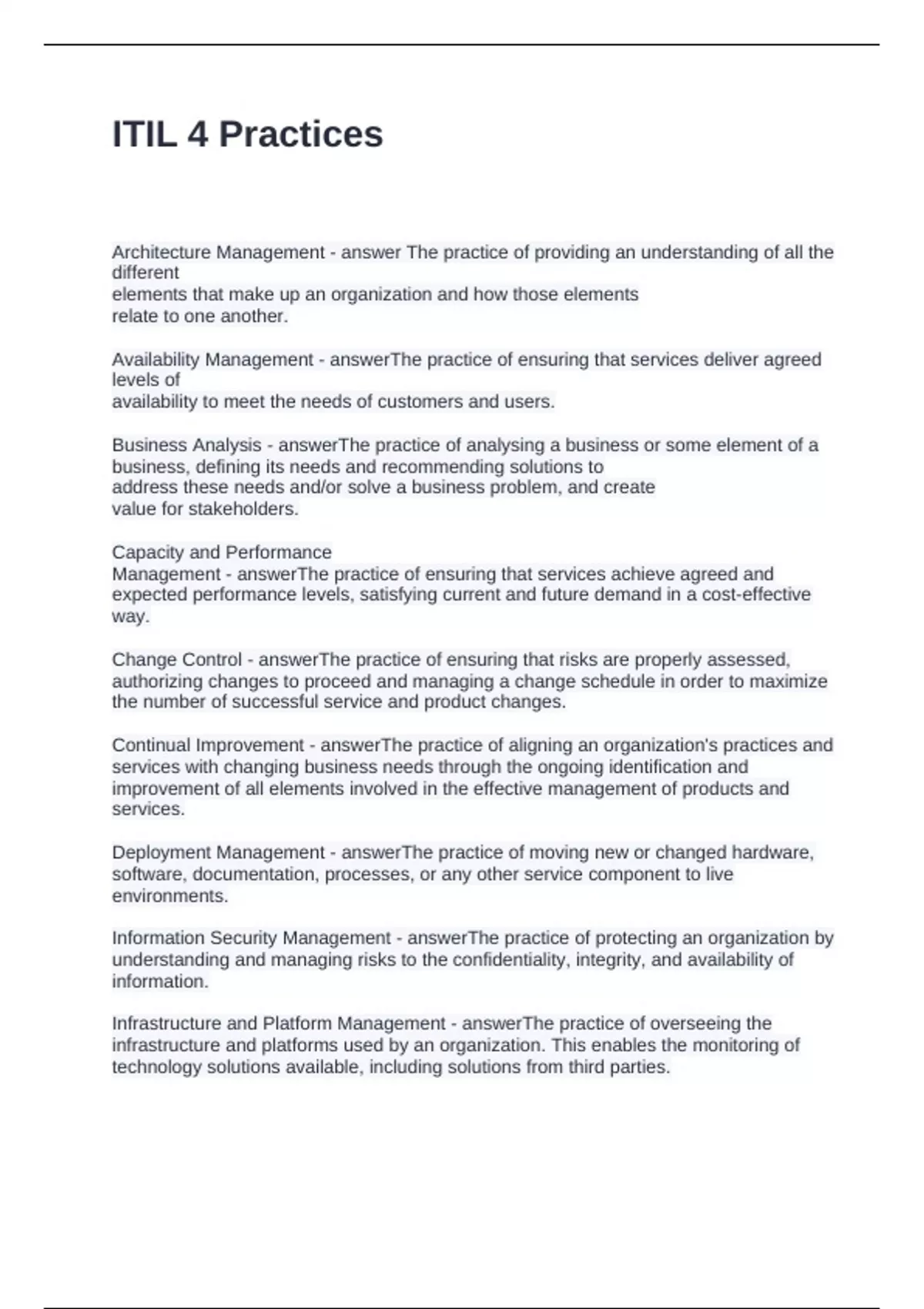 ITIL 4 Practices Questions and Answers 2024 - ITIL 4 - Stuvia US