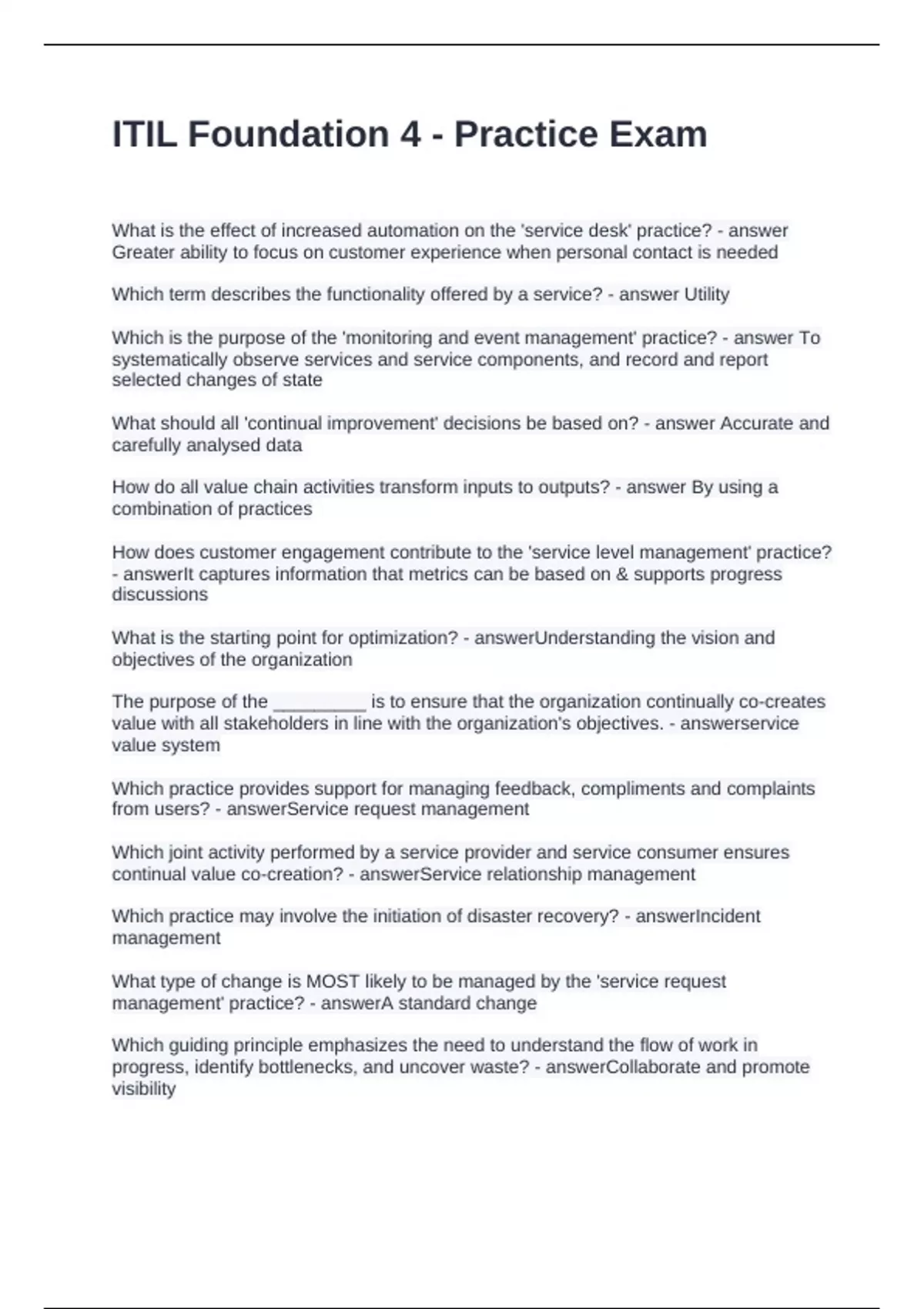 Itil Foundation 4 Practice Exam Questions And Answers 2024 Itil 4 Stuvia Us