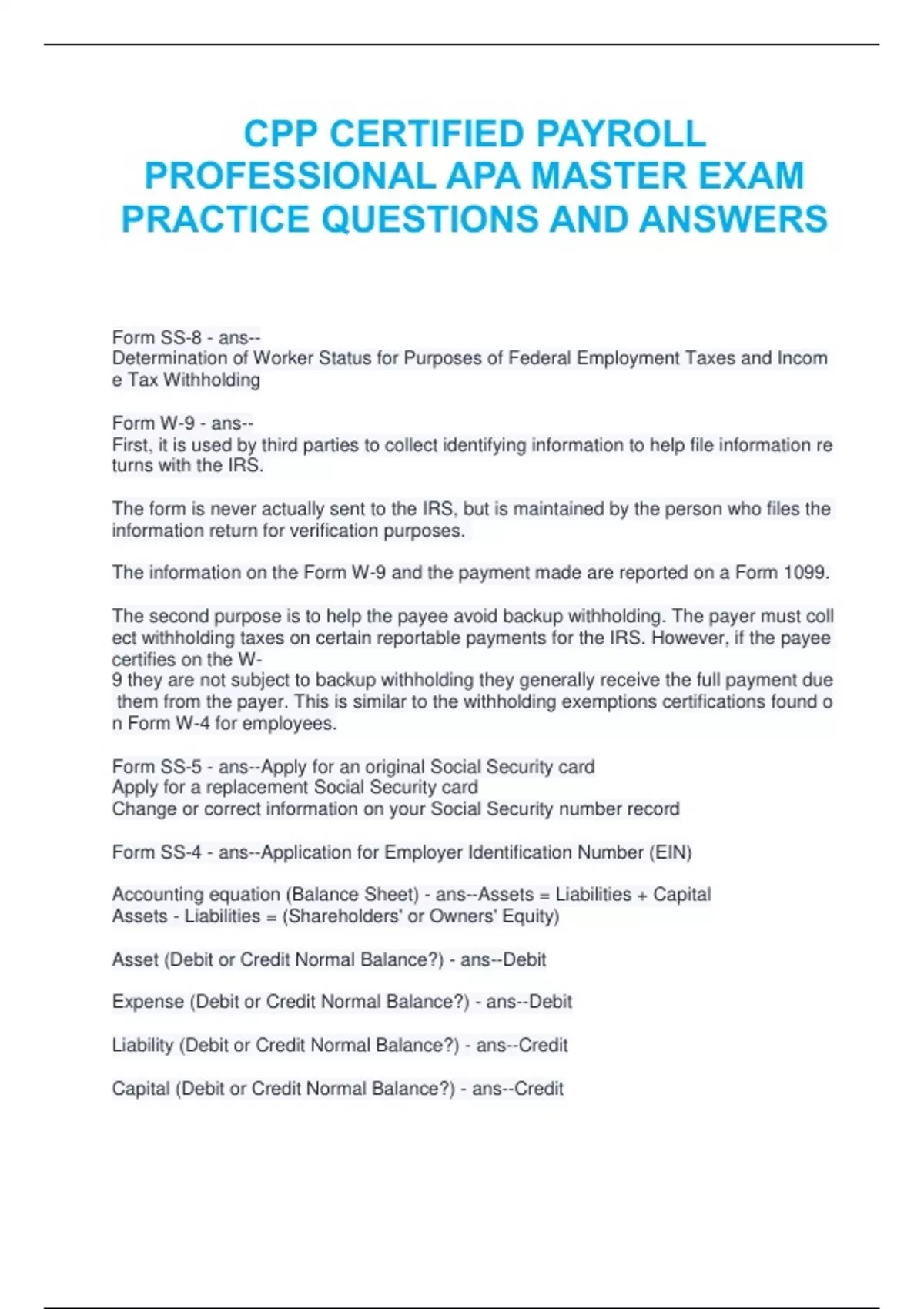 CPP CERTIFIED PAYROLL PROFESSIONAL APA MASTER EXAM PRACTICE QUESTIONS AND ANSWERS - Stuvia US