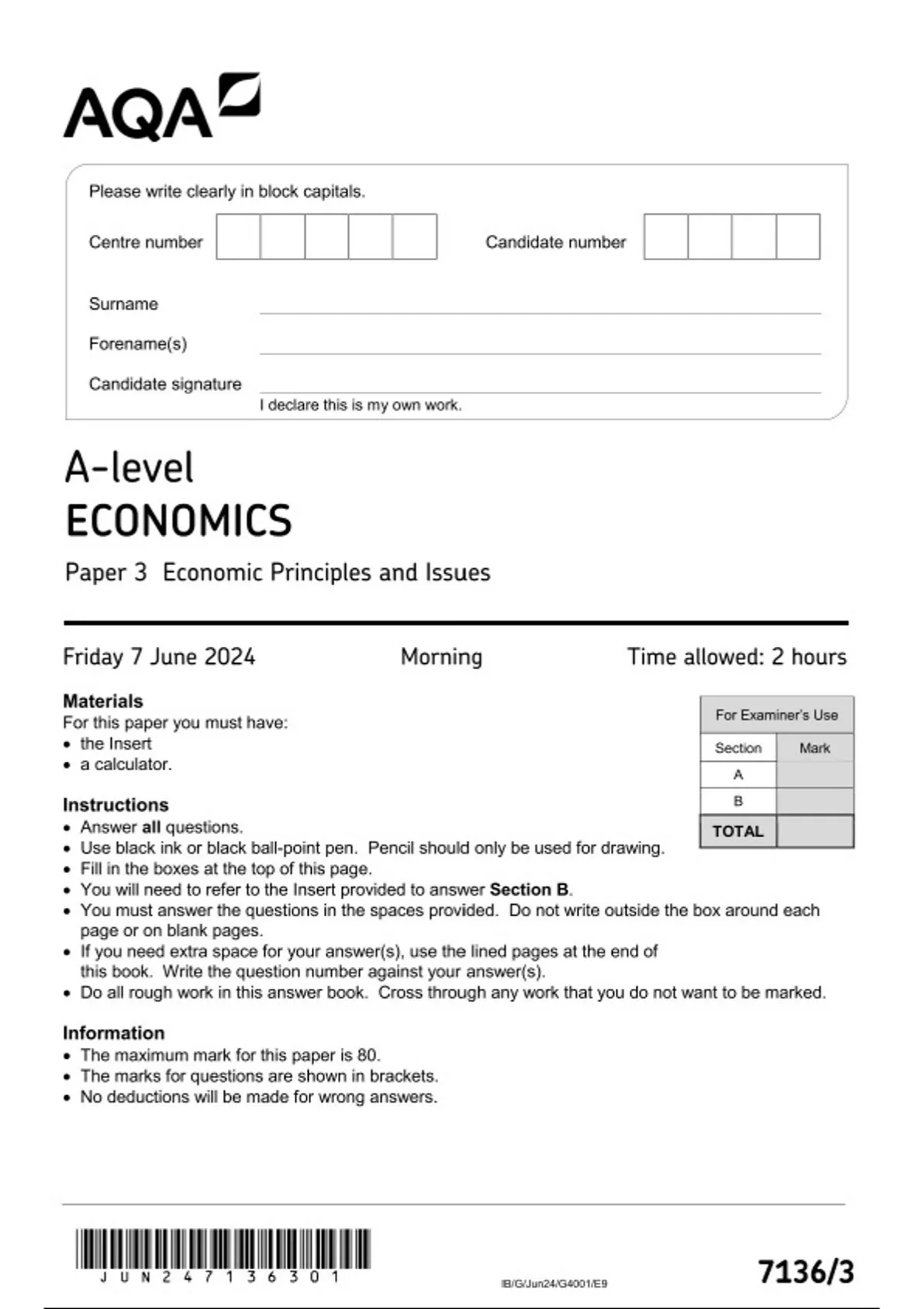 AQA A-level ECONOMICS Paper 3 JUNE 2024 QUESTION PAPER - A-level ...