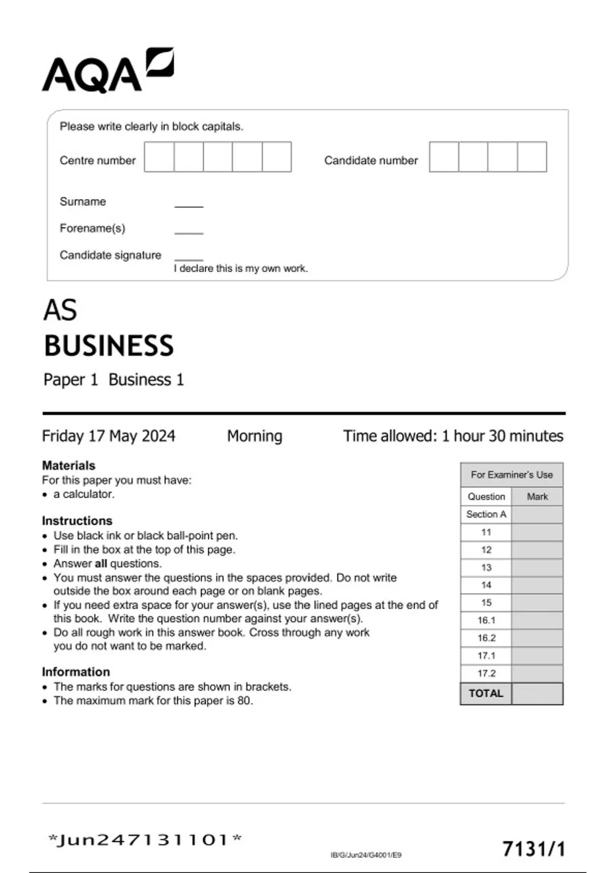 AQA AS BUSINESS Paper 1 and 2 JUNE 2024 QUESTION PAPERS AND MARK SCHEMES - Stuvia US